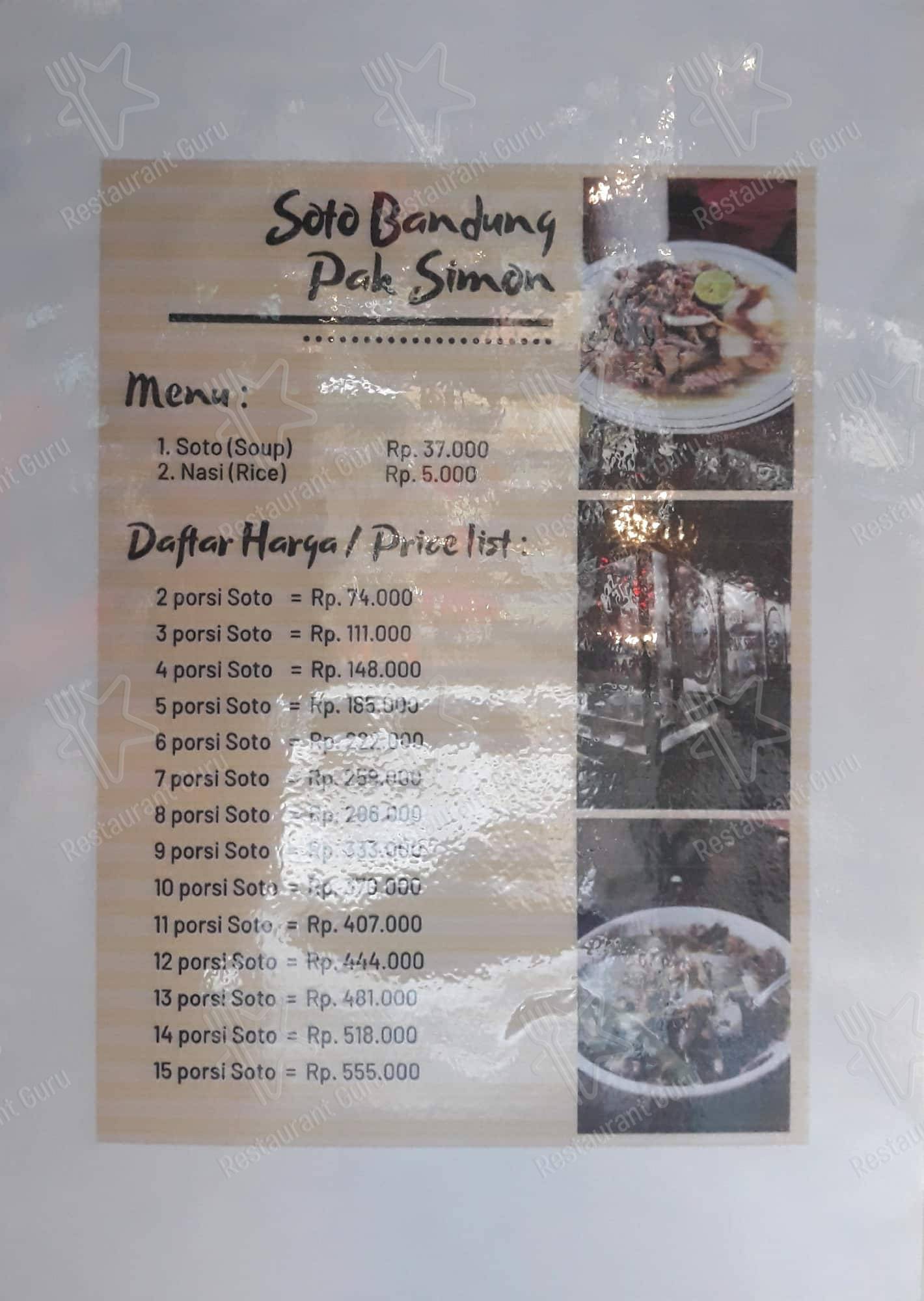 Menu at Soto Bandung Pak Simon restaurant, Bandung