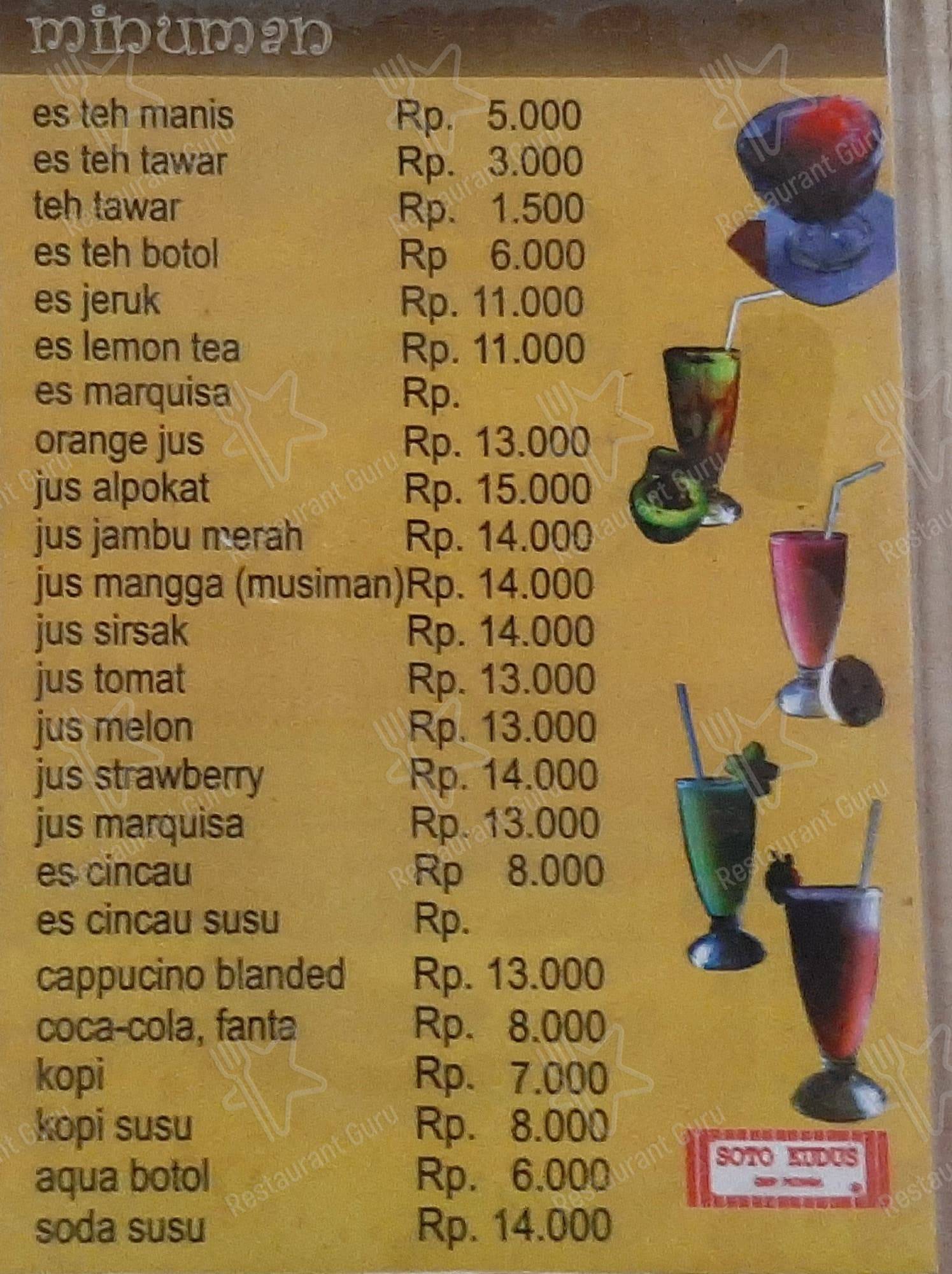 Carta del restaurante Soto Kudus Group Menara, Bandung