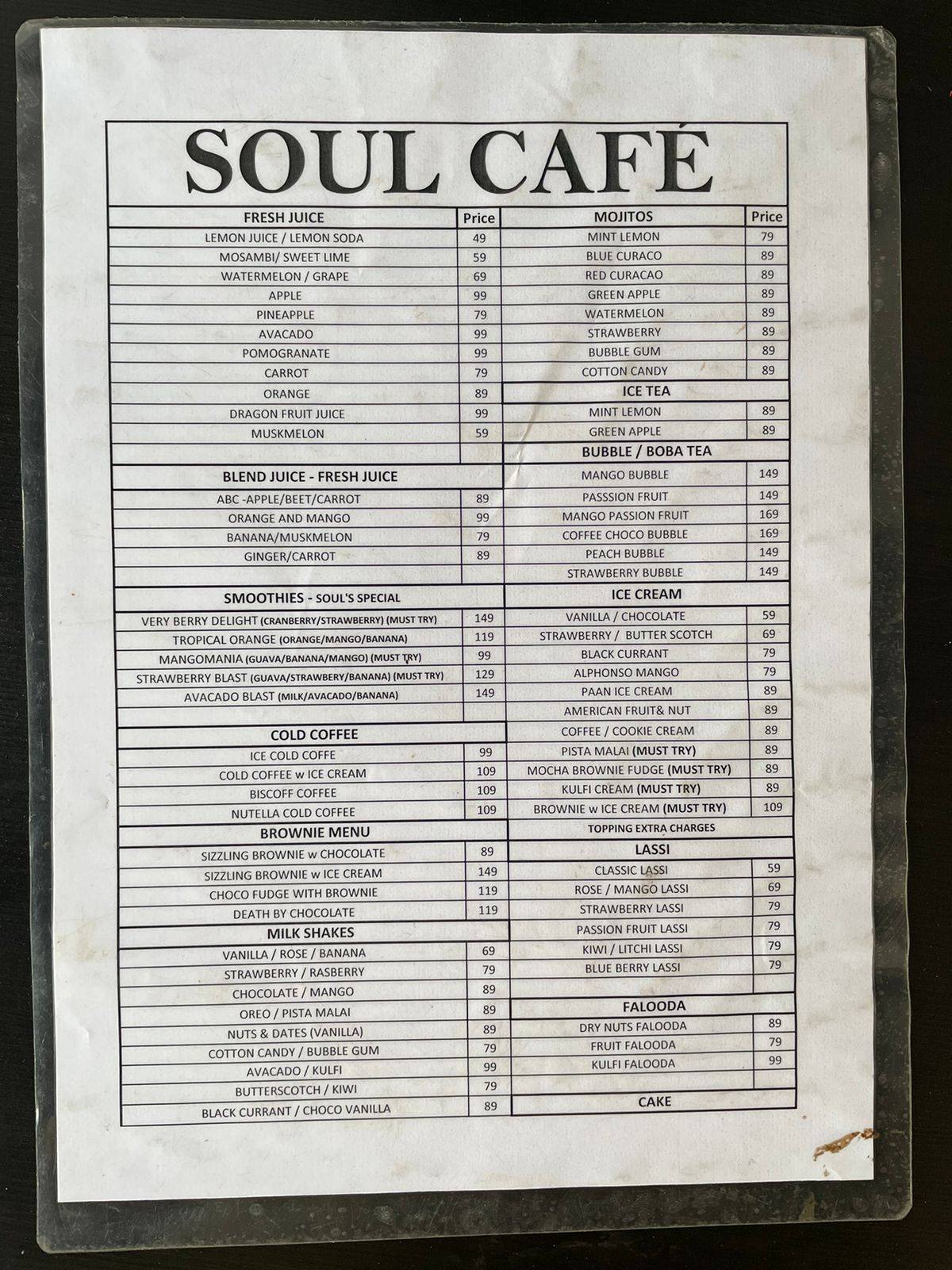 Menu at Soul cafe (Veg), Chennai