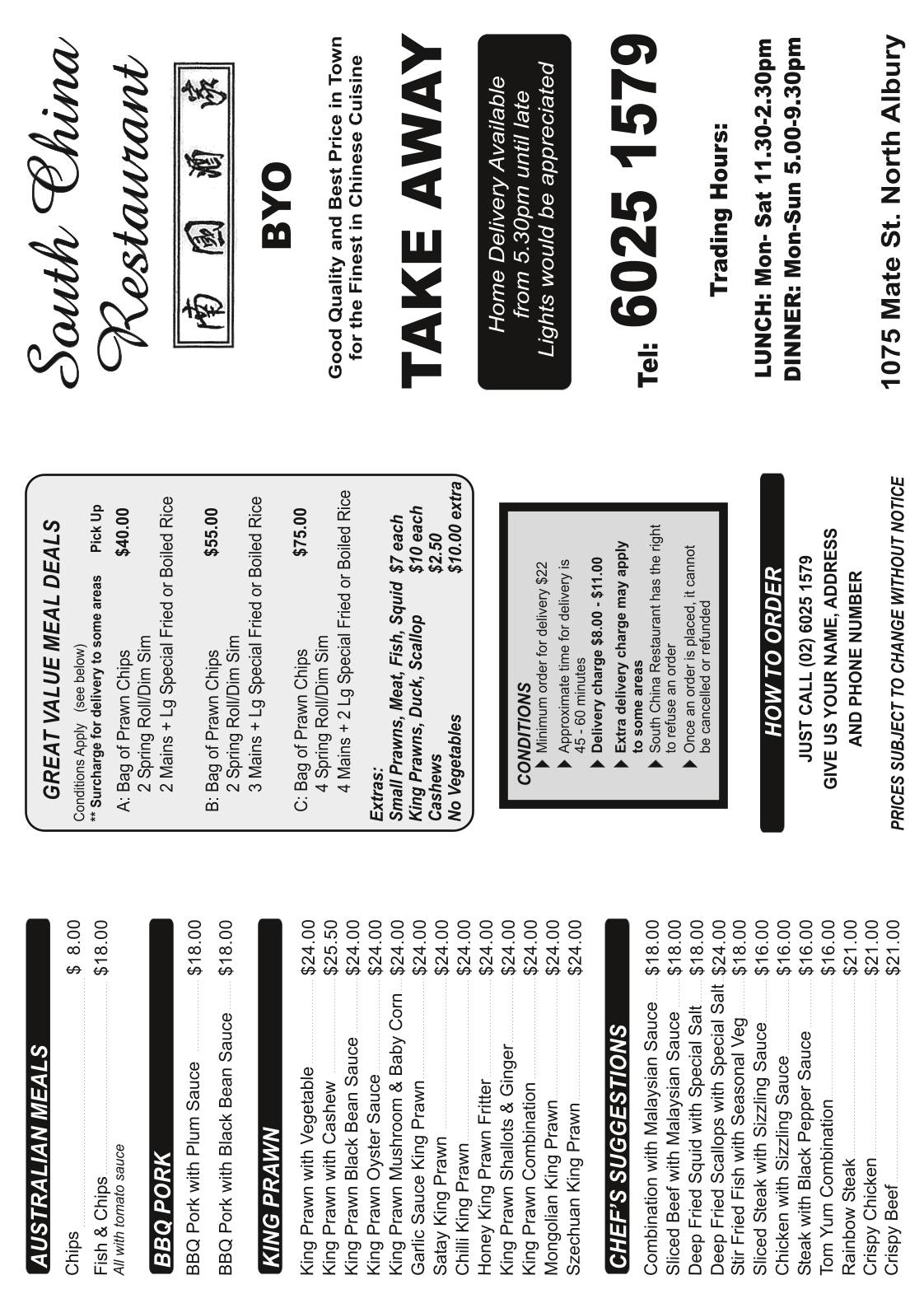 Menu at South China Restaurant, North Albury