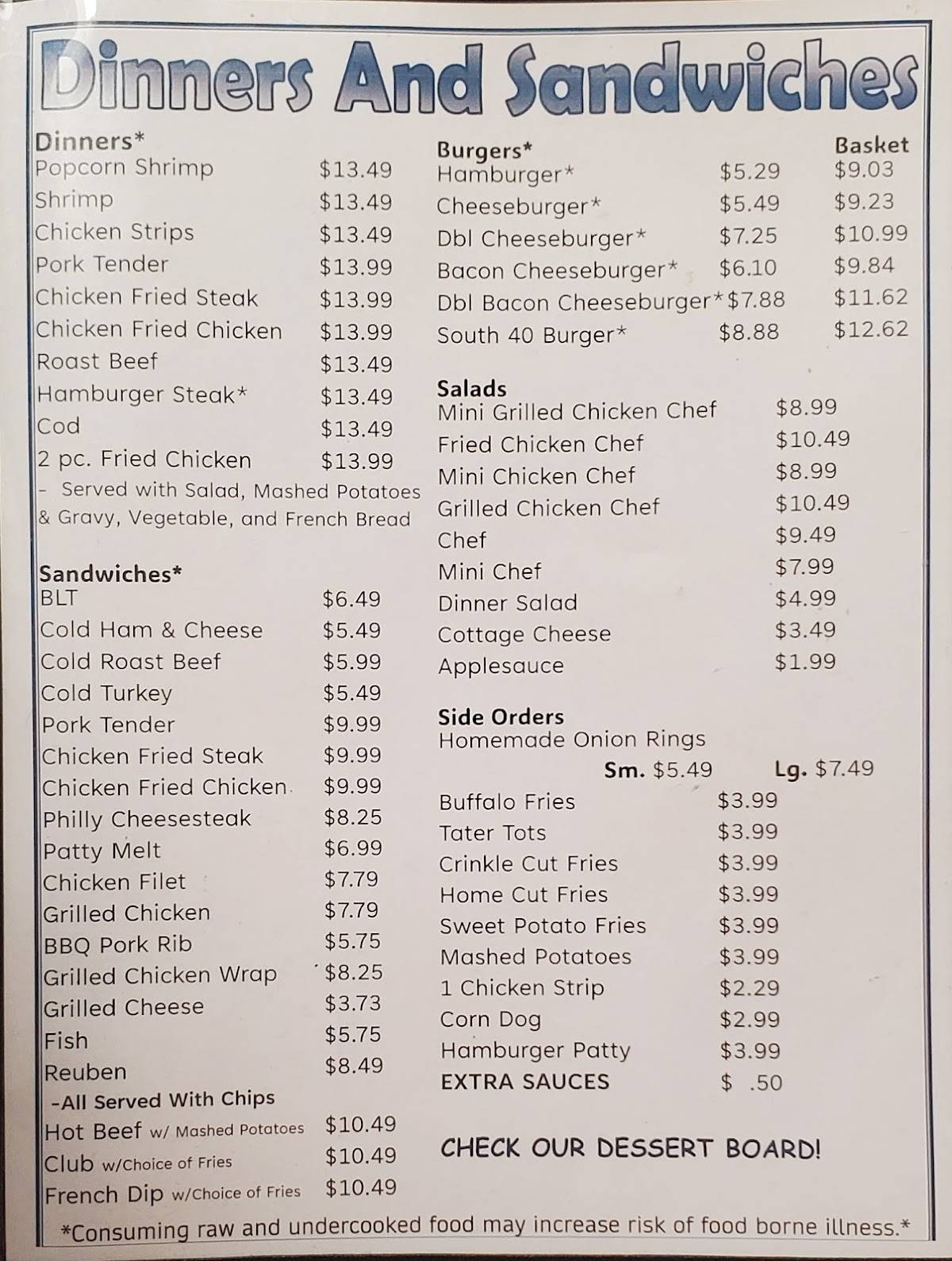 Menu at South Forty Cafe, Westmoreland, 403 Road to Oz Highway