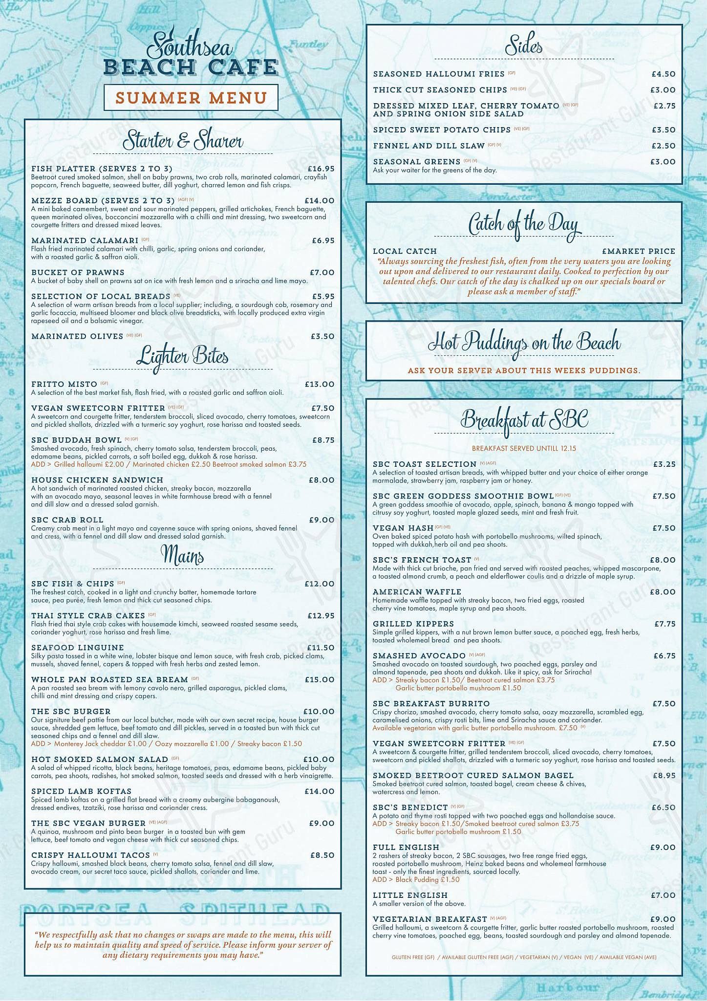 Menu at Southsea Beach Cafe, Portsmouth
