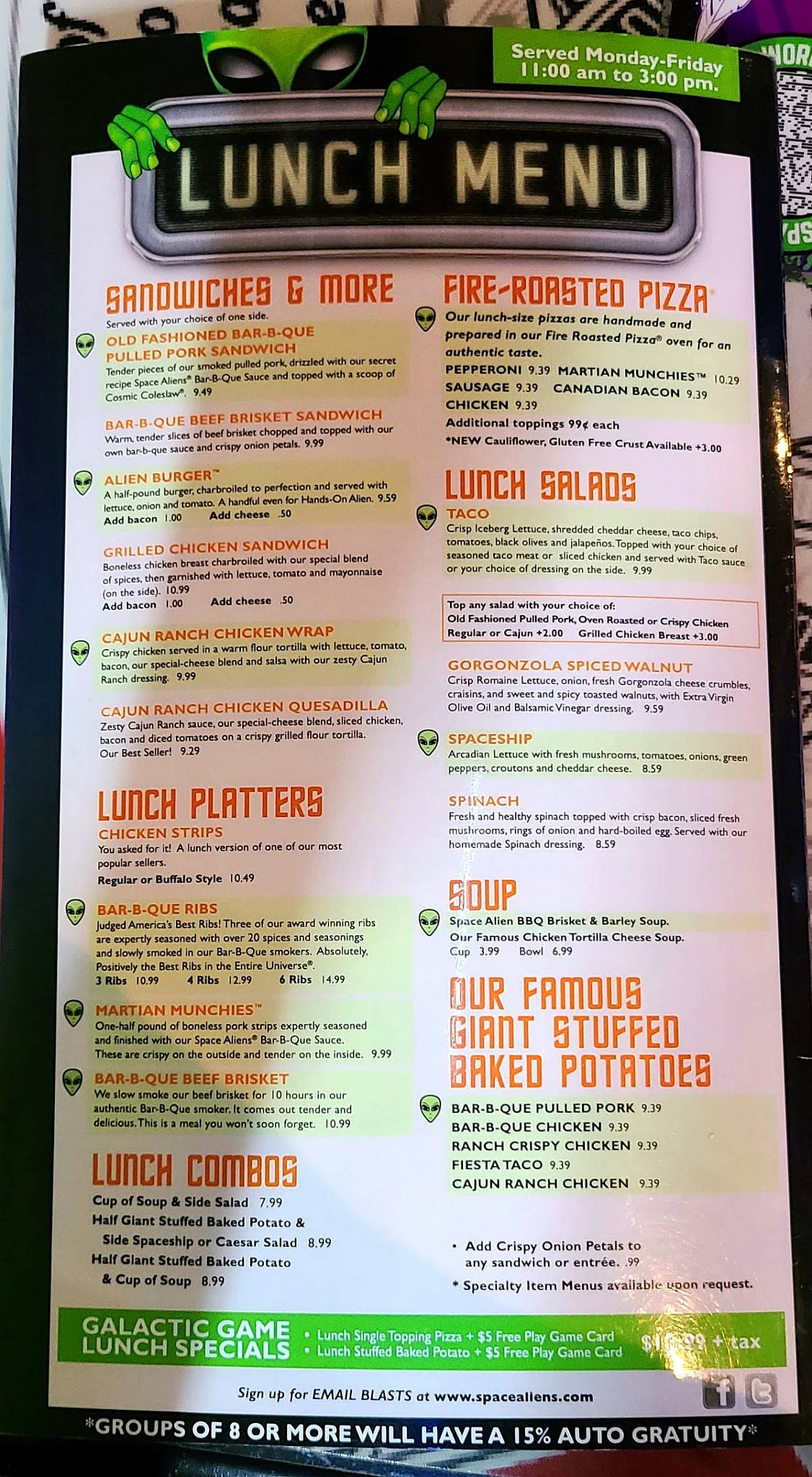 Menu at Space Aliens Grill & Bar, Bismarck