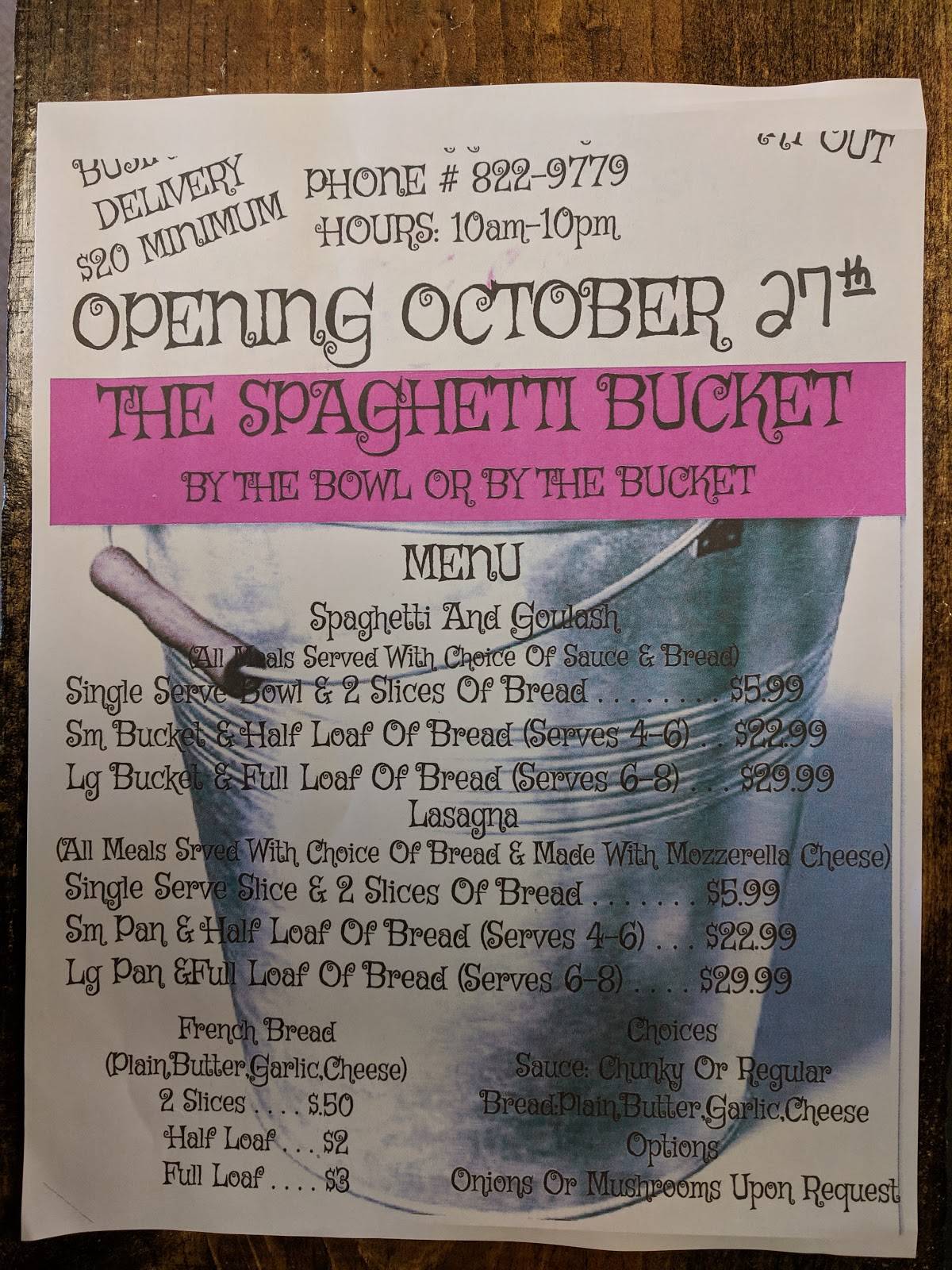Menu at Spaghetti Bucket restaurant, Hannibal
