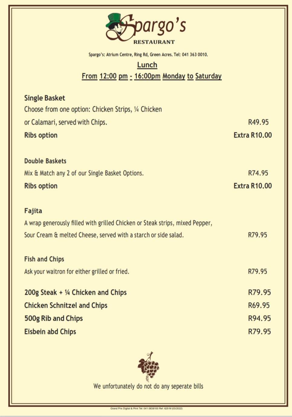 Menu at Spargo's restaurant, Port Elizabeth, Ring Rd