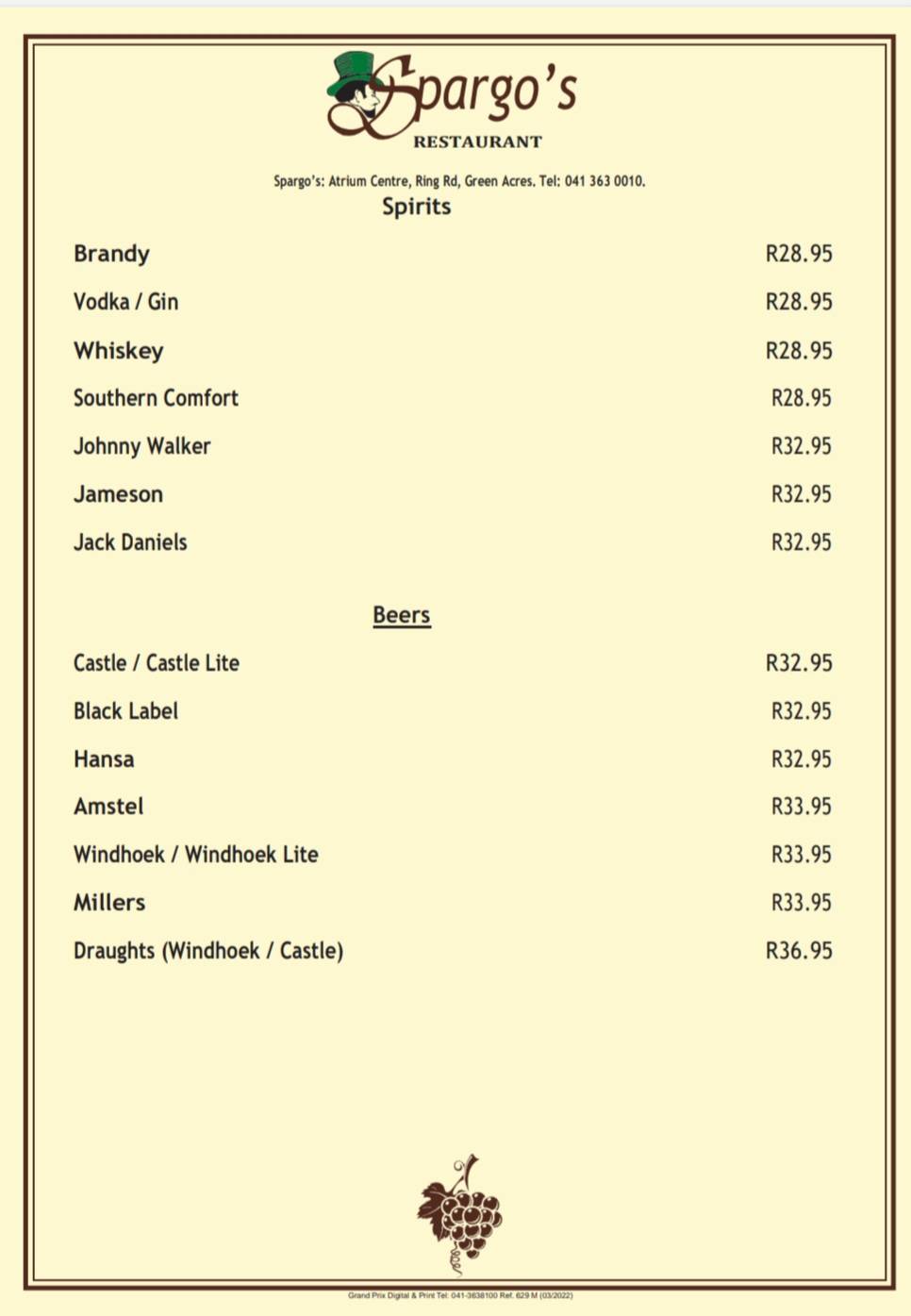 Menu at Spargo's restaurant, Port Elizabeth, Ring Rd