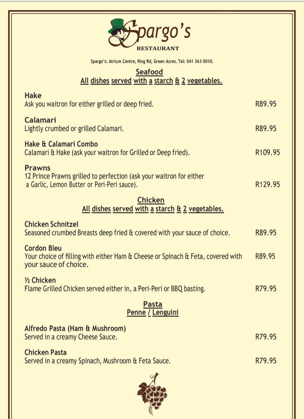 Menu at Spargo's restaurant, Port Elizabeth, Ring Rd