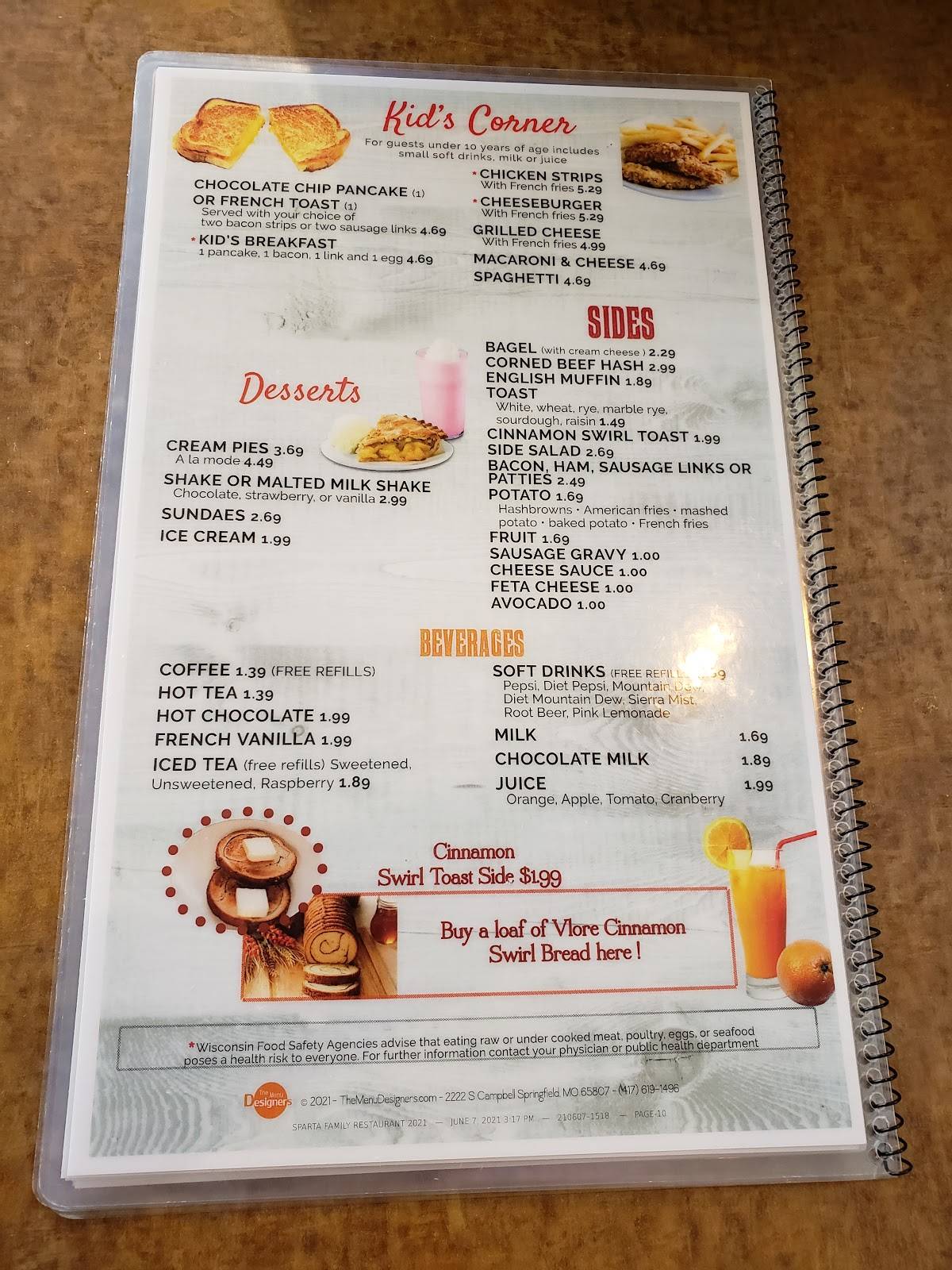 Menu at Sparta Family Restaurant, Sparta