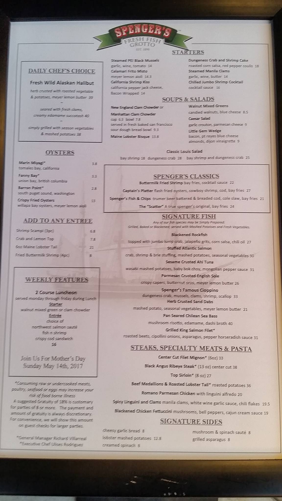 Menu at Spenger's Fresh Fish Grotto restaurant, Berkeley