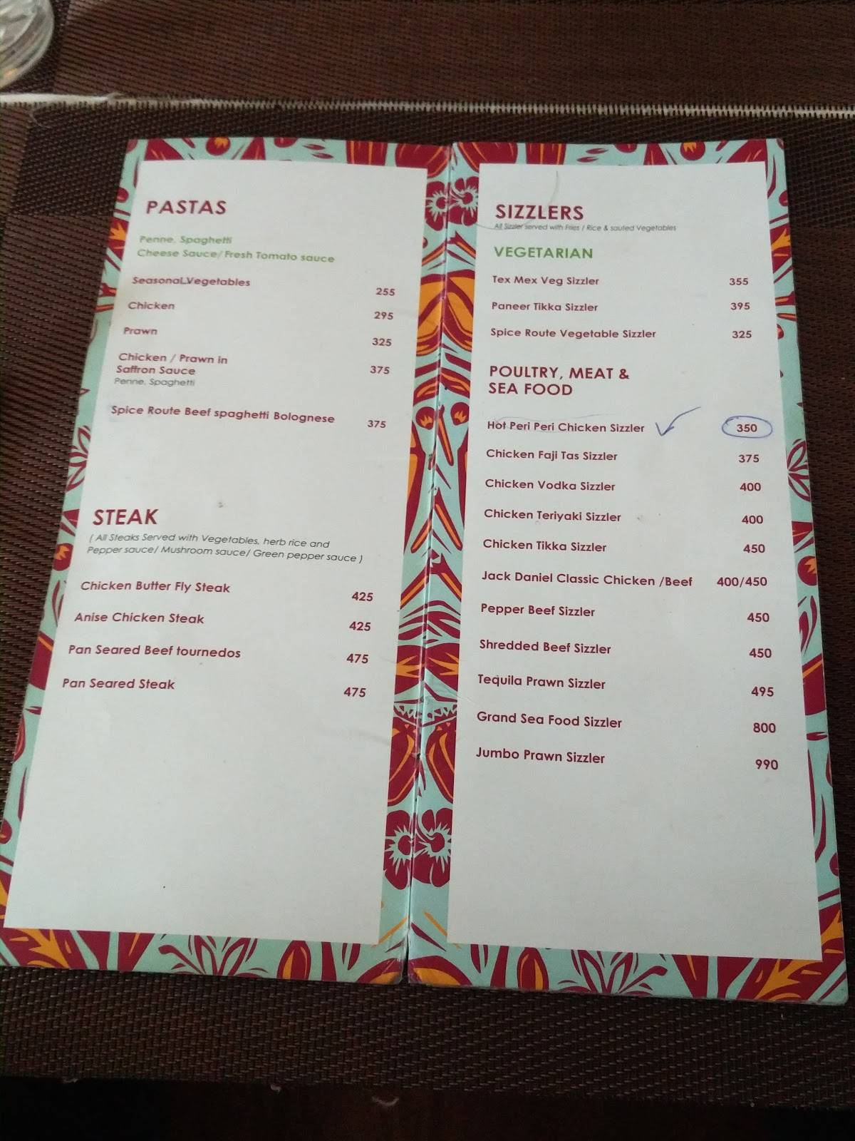 Menu at Spice Route, Puducherry