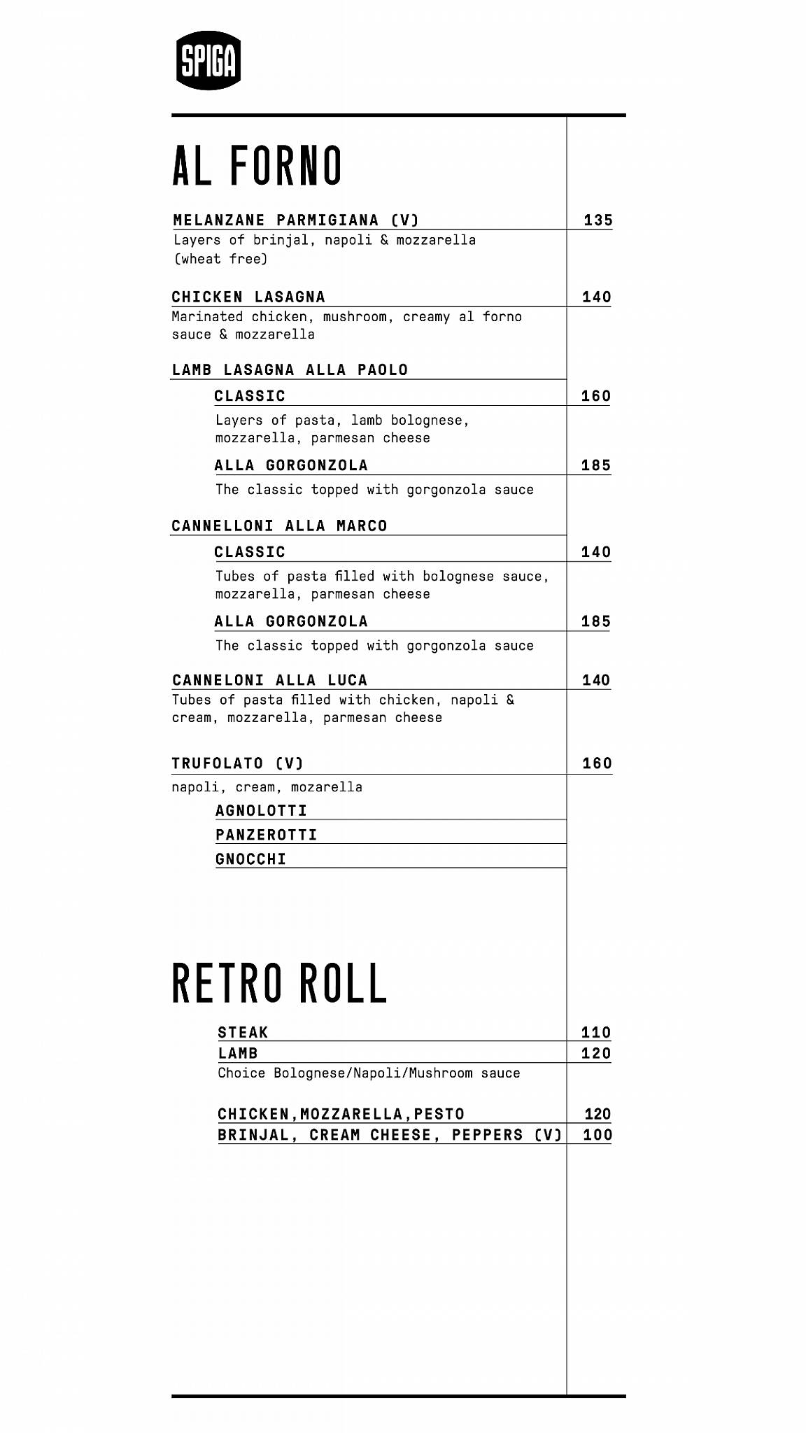 Menu at Spiga restaurant, Durban, 465 Innes Rd