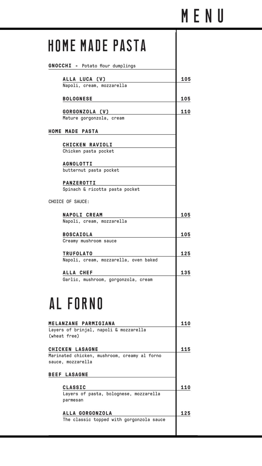 Menu at Spiga restaurant, Durban, 465 Innes Rd