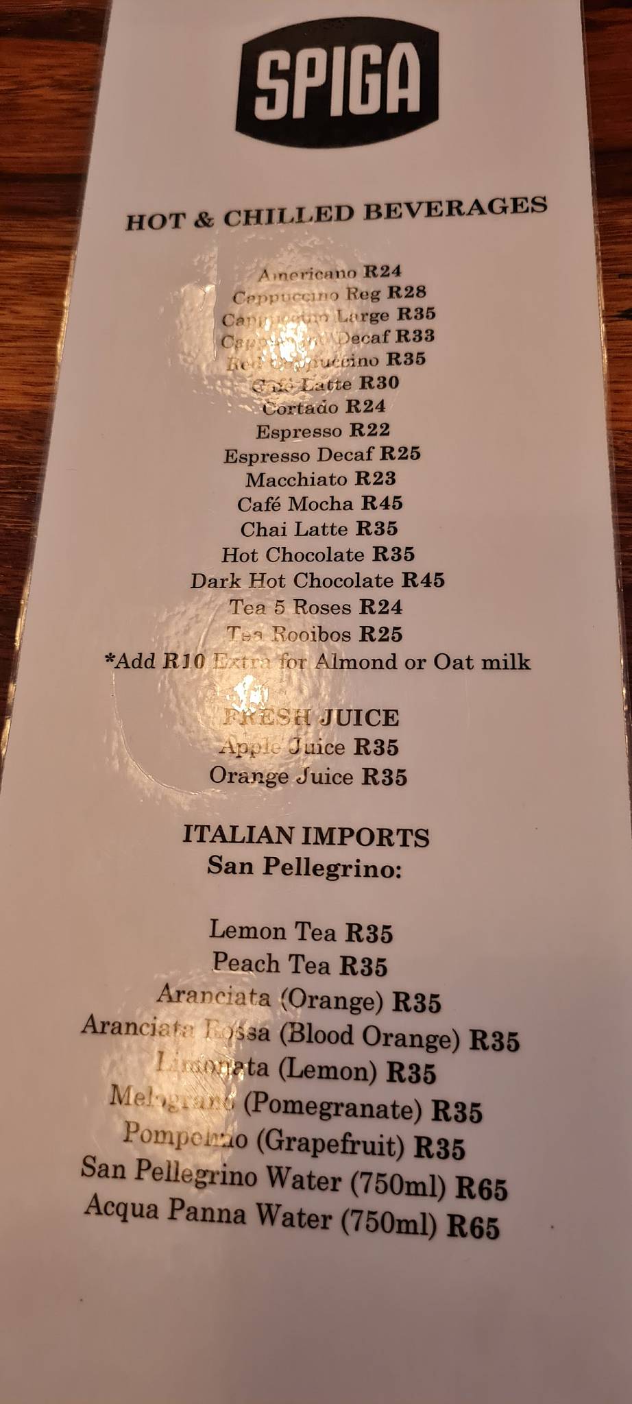 Menu at Spiga restaurant, Durban, 465 Innes Rd