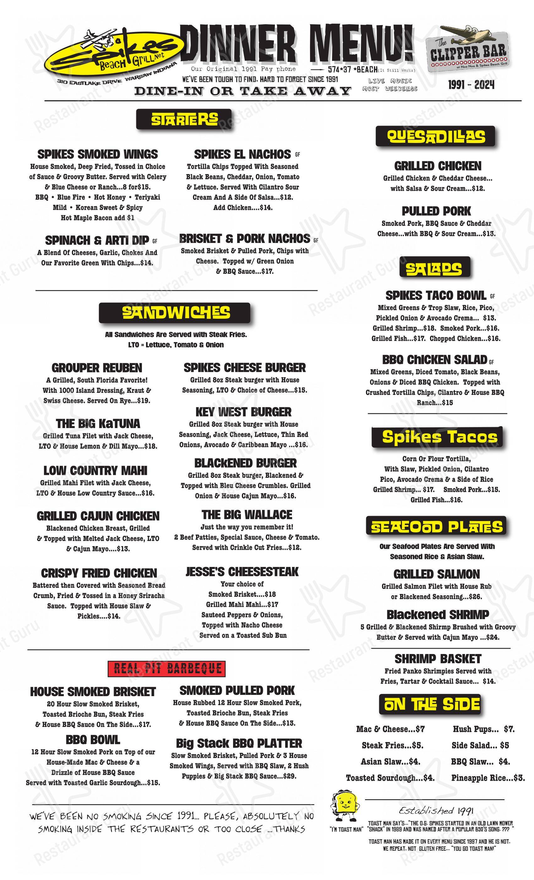 Menu at Spikes Beach Grill pub & bar, Warsaw