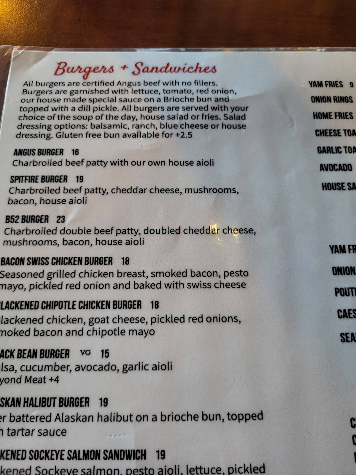 Menu at Spitfire Grill restaurant, Sidney