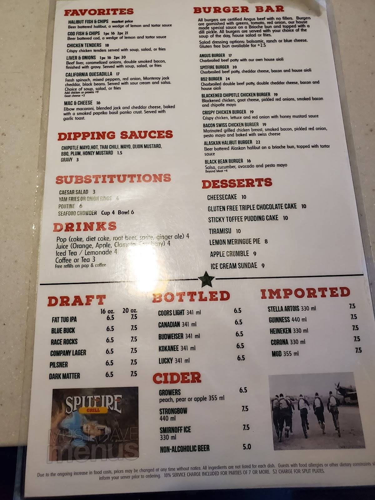 Menu at Spitfire Grill restaurant, Sidney