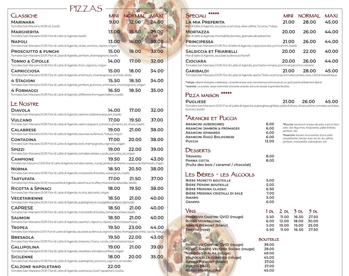 Menu da Spizzi Pizza, Friburgo