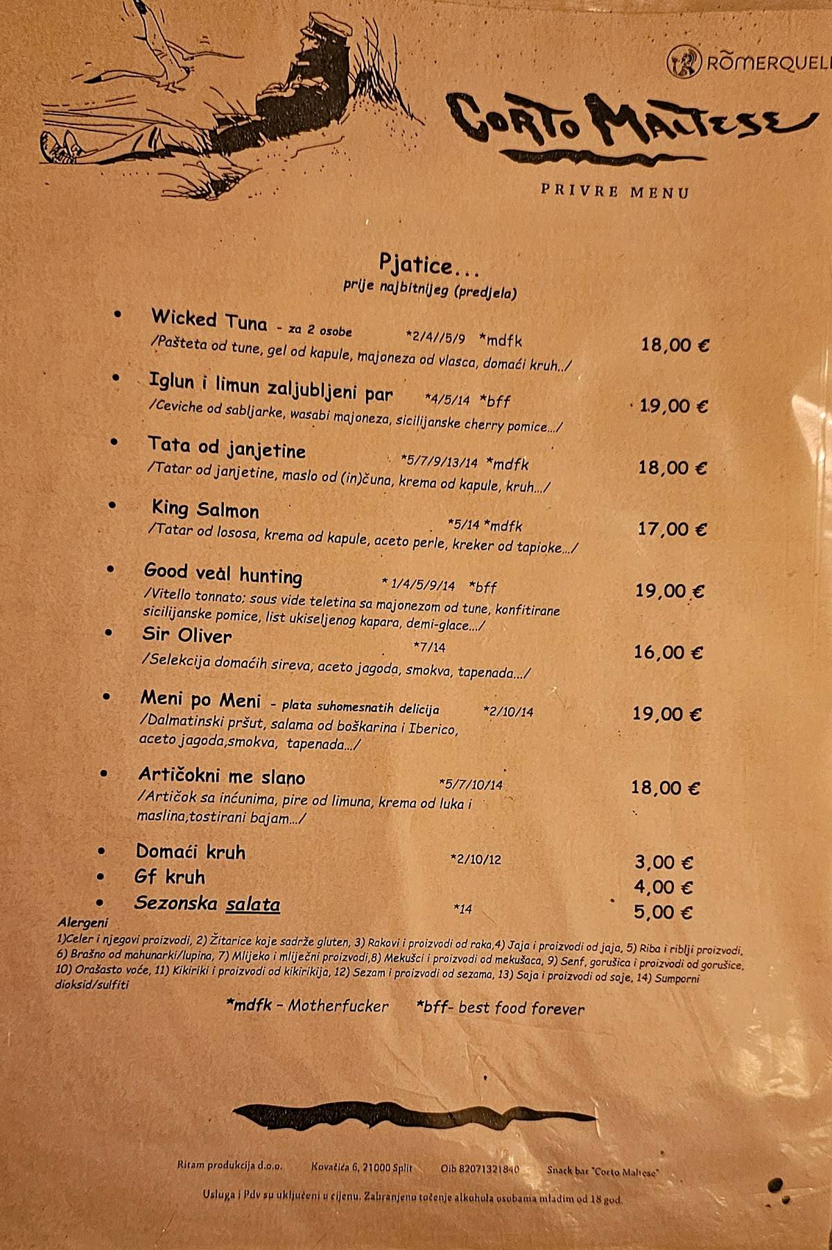 Menu at Corto Maltese Freestyle food restaurant, Split, Obrov ul. 7
