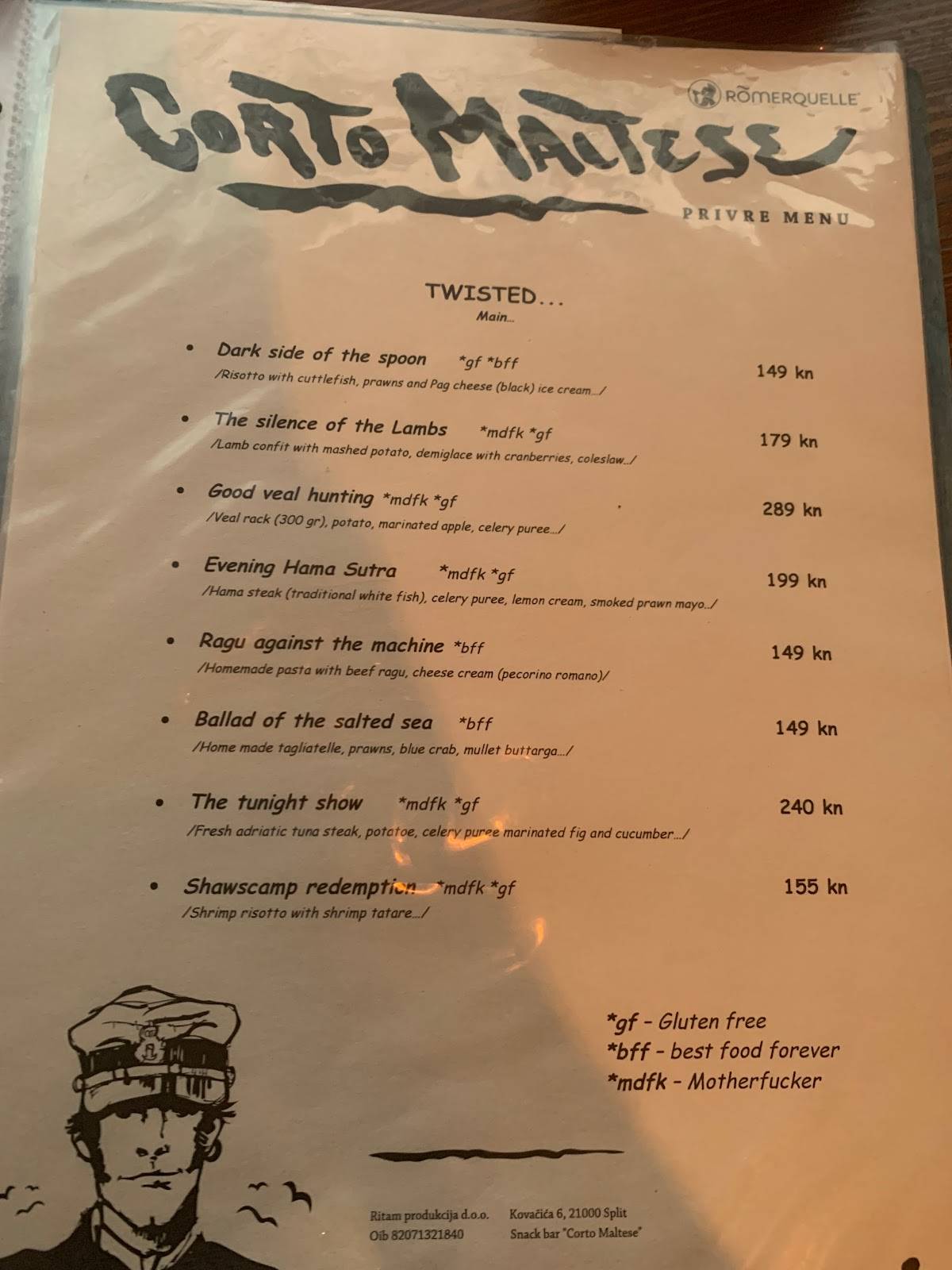 Menu at Corto Maltese Freestyle food restaurant, Split, Obrov ul. 7