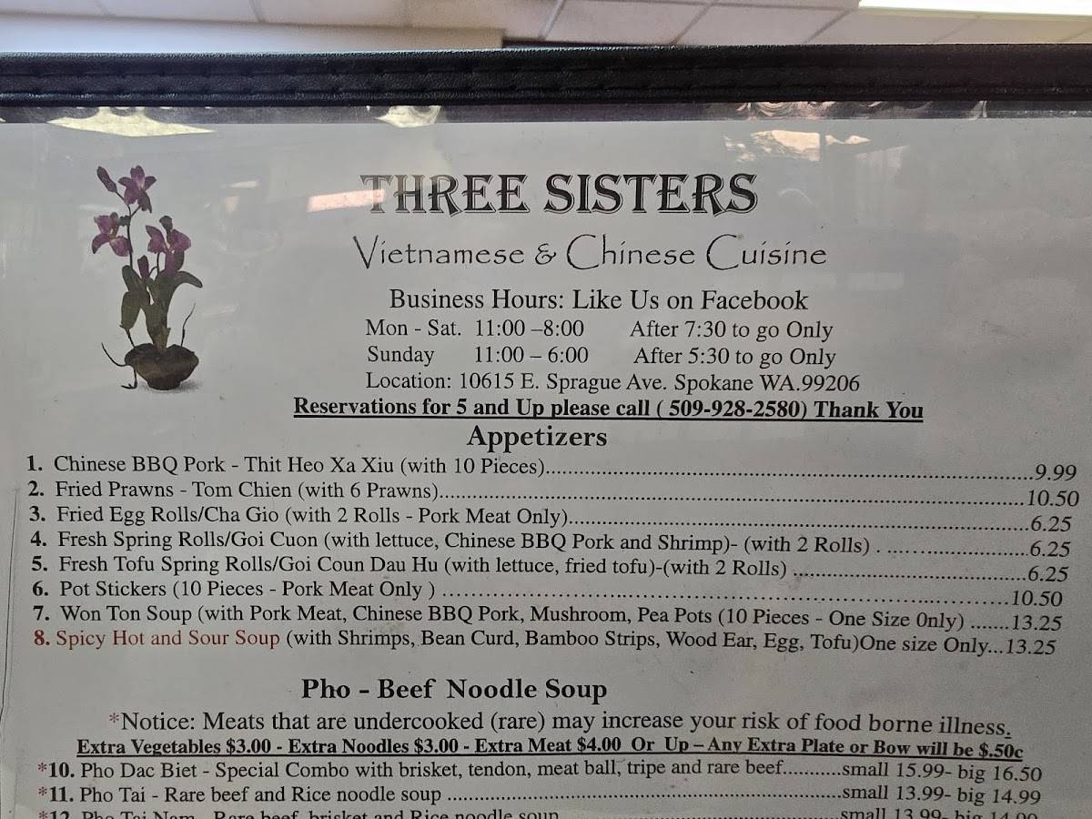 Menu at Three Sisters Restaurant, Spokane Valley, E Sprague Ave
