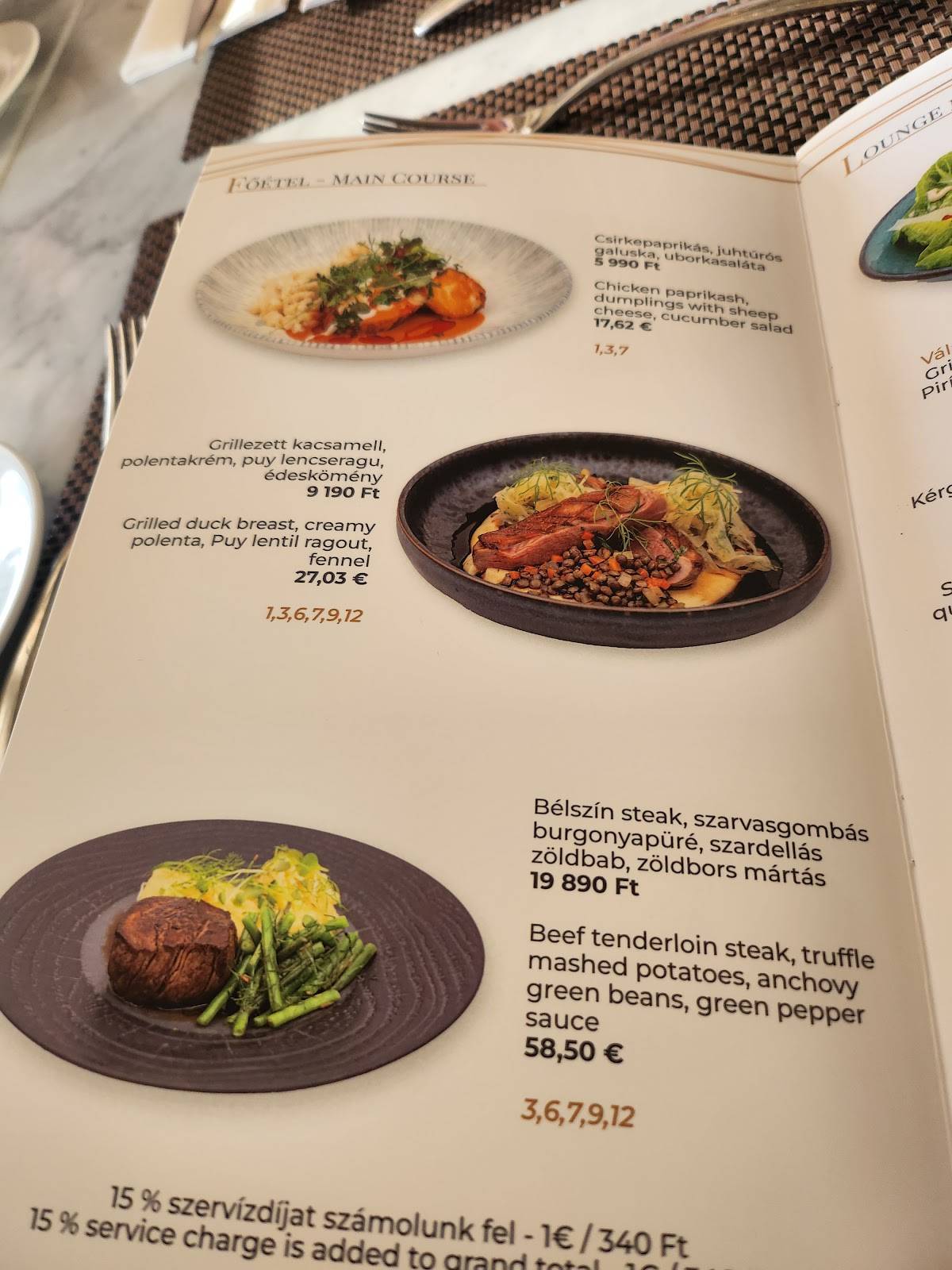 Menu at Spoon The Boat restaurant, Budapest
