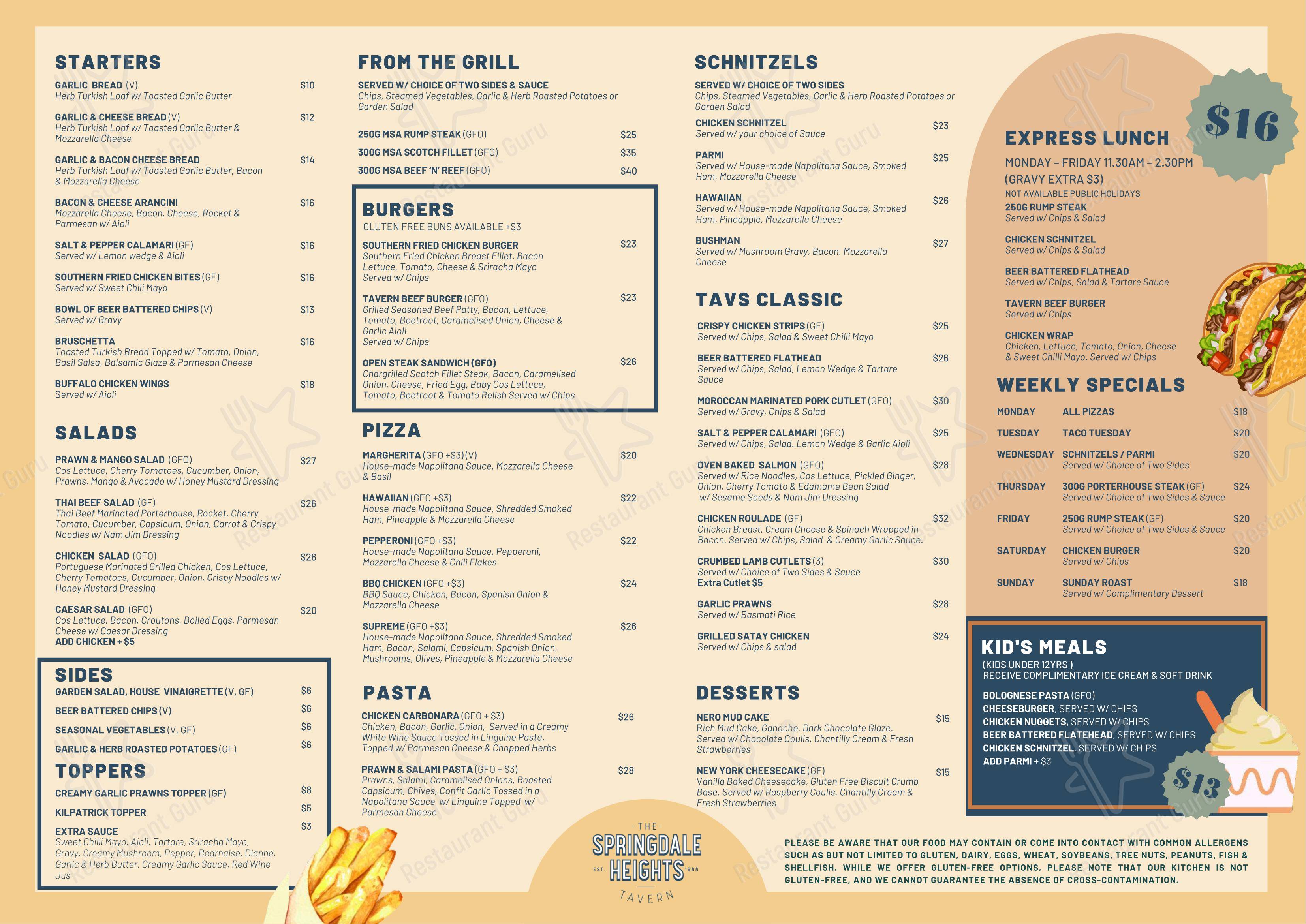 Menu at Springdale Heights Tavern restaurant, Lavington