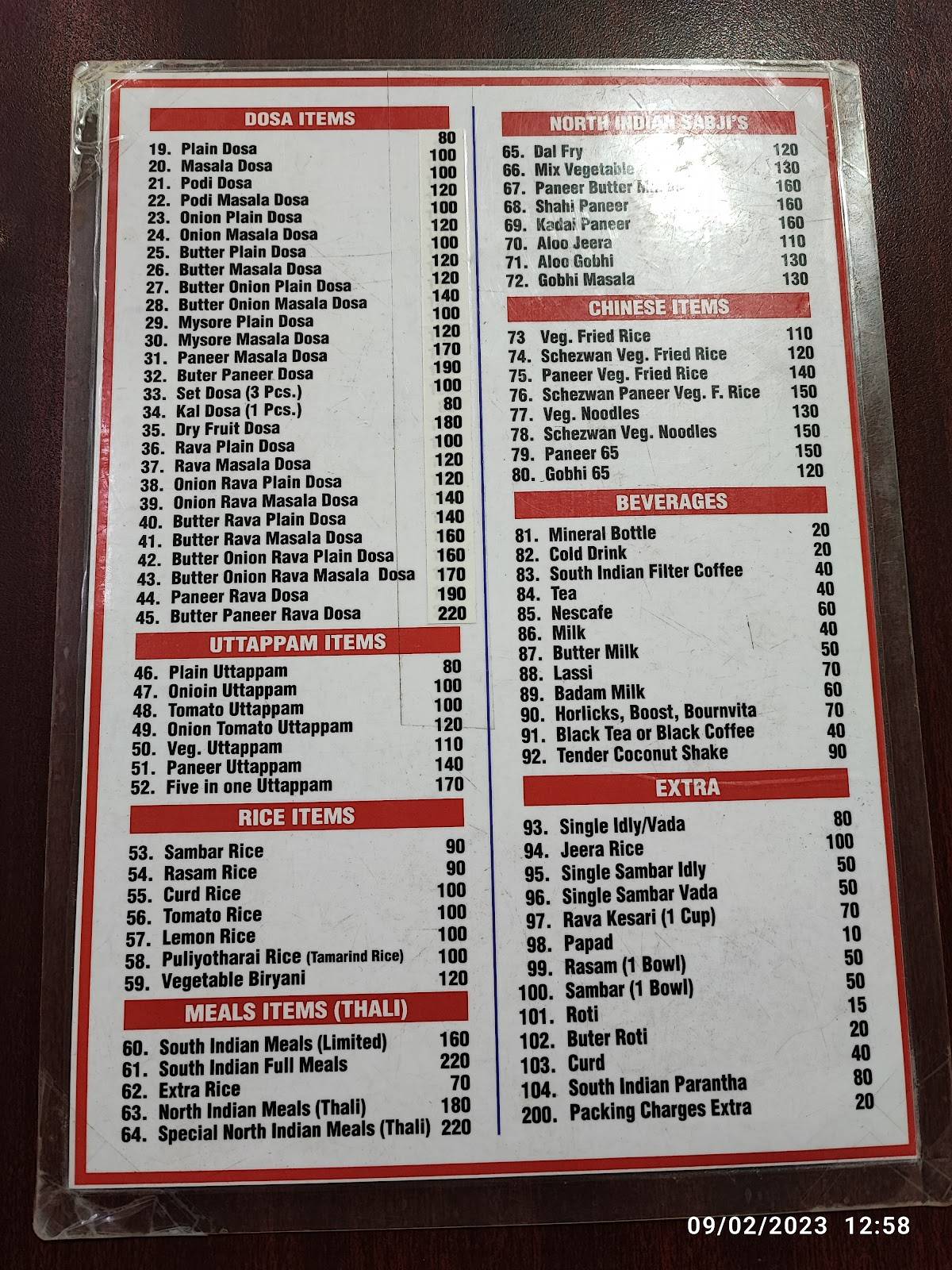 Menu at Sri Saravana Bhavan, Delhi
