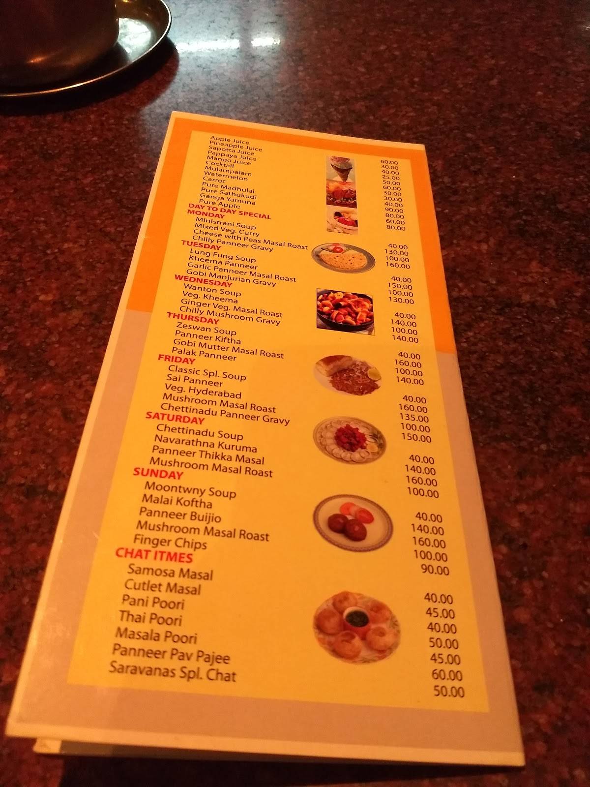 Menu at Sri Saravana Bhavan - High Class Veg, Salem, V.S.A. Complex