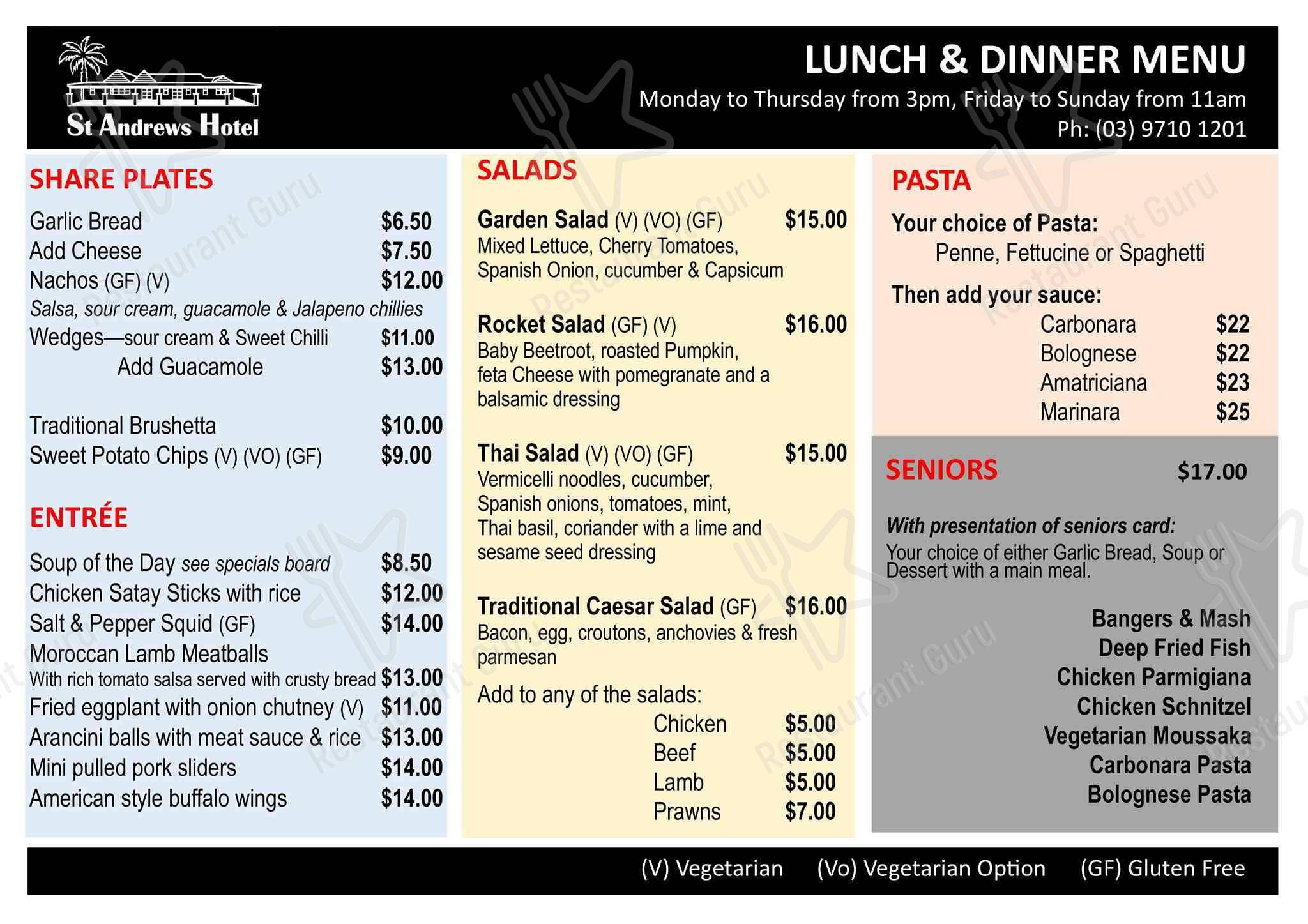 Menu at St Andrews Hotel pub & bar, Saint Andrews, 79 Burns St