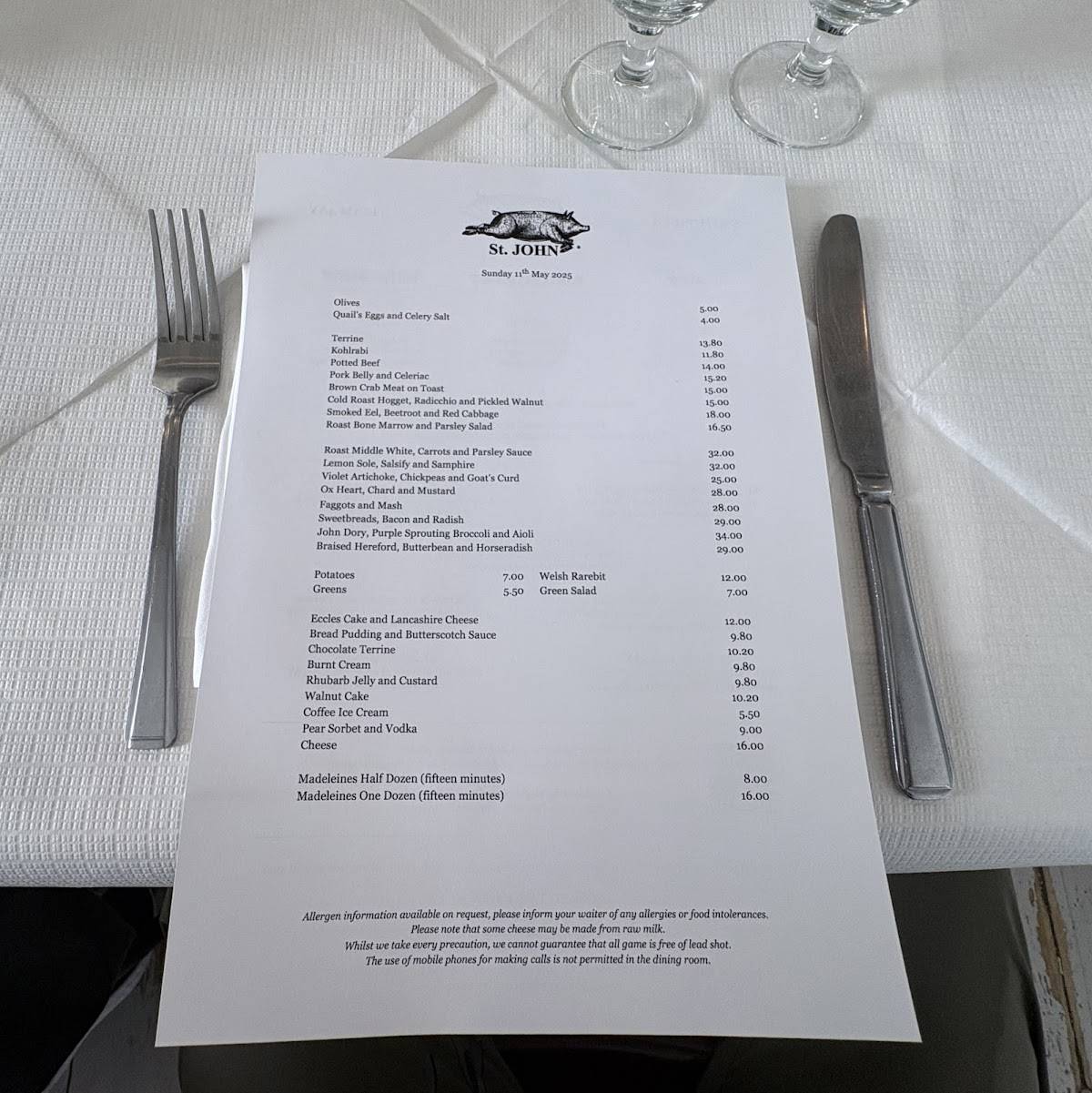 Menu at St. John pub & bar, London