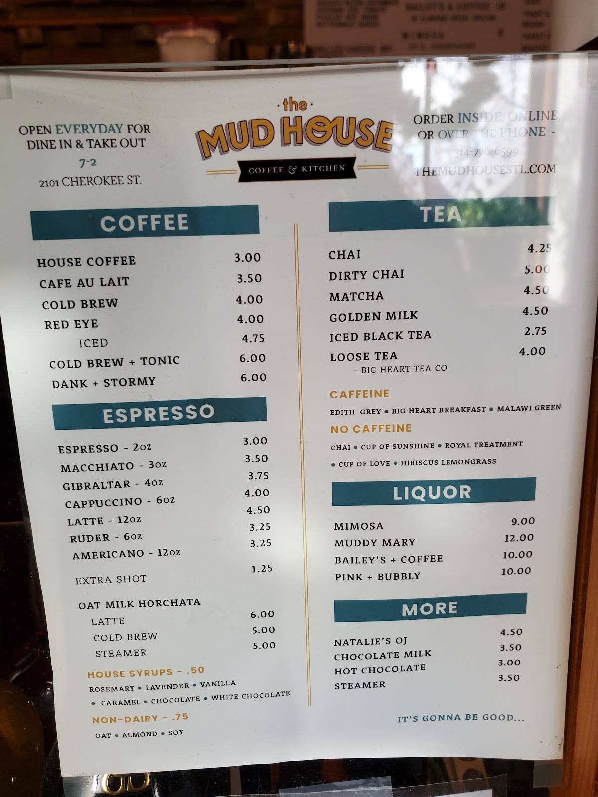 Menu at The Mud House cafe, St. Louis