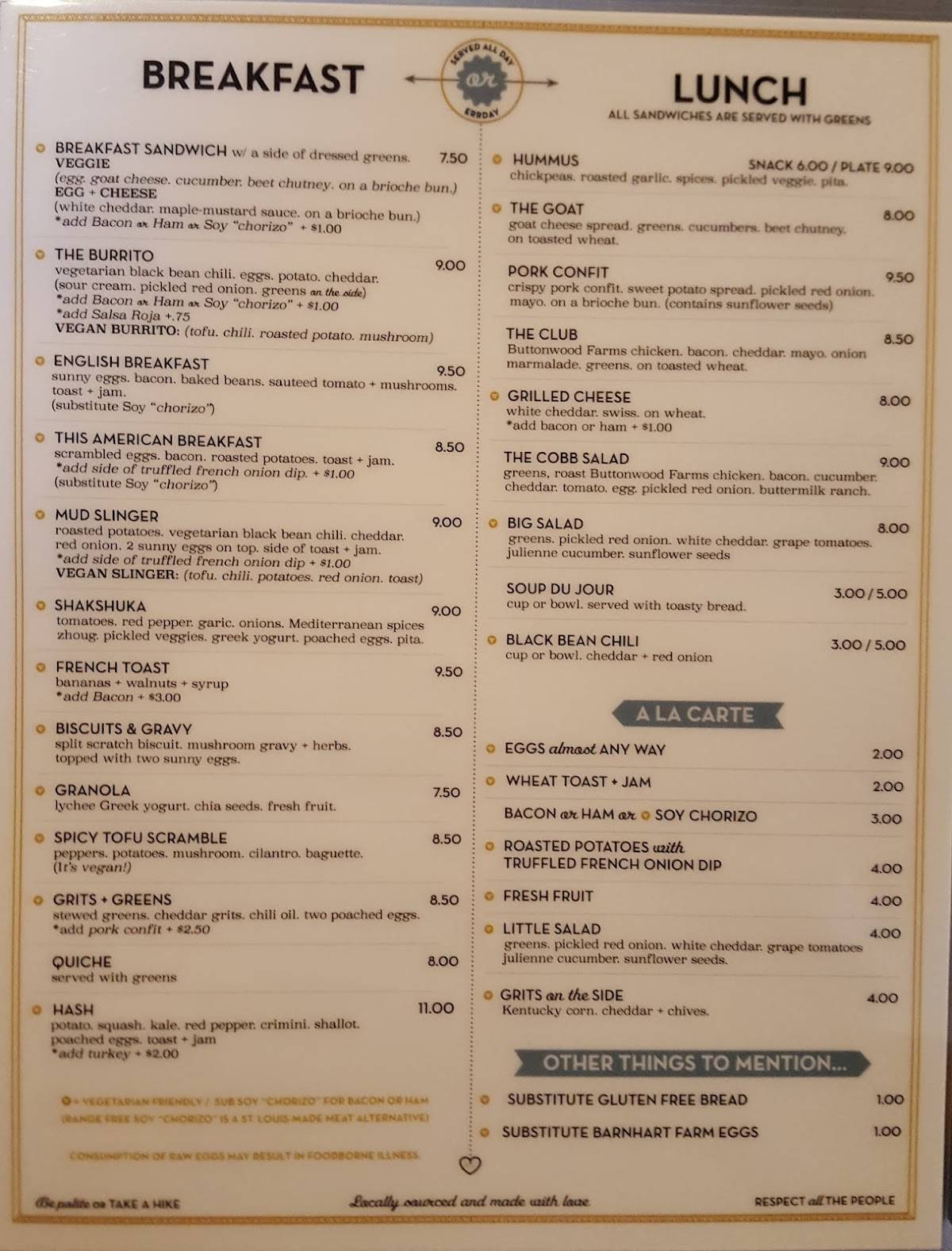 Menu at The Mud House cafe, St. Louis