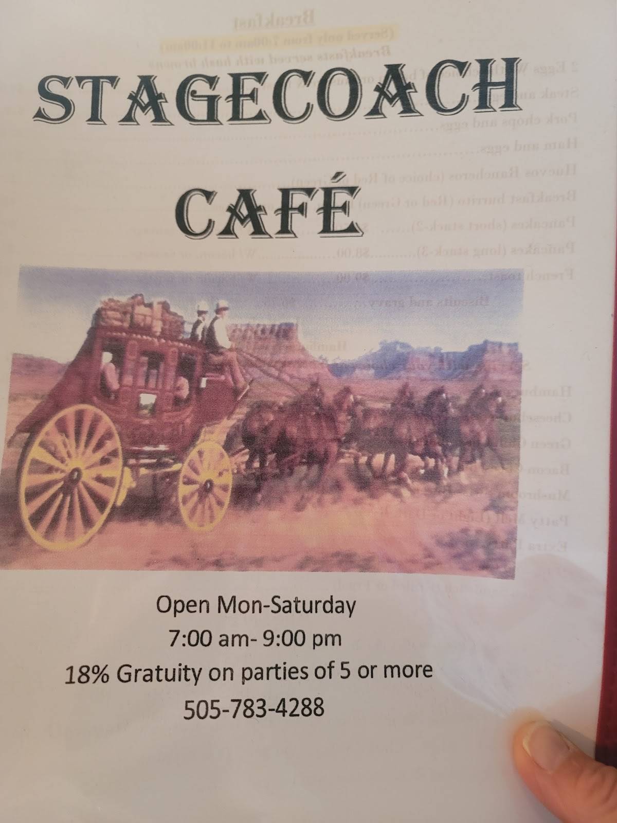 Menu at Stagecoach Cafe, Ramah, Bond St