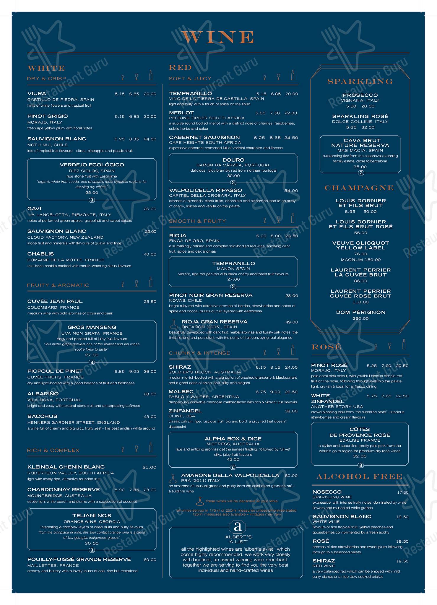 Menu at Albert's Standish restaurant, Wigan