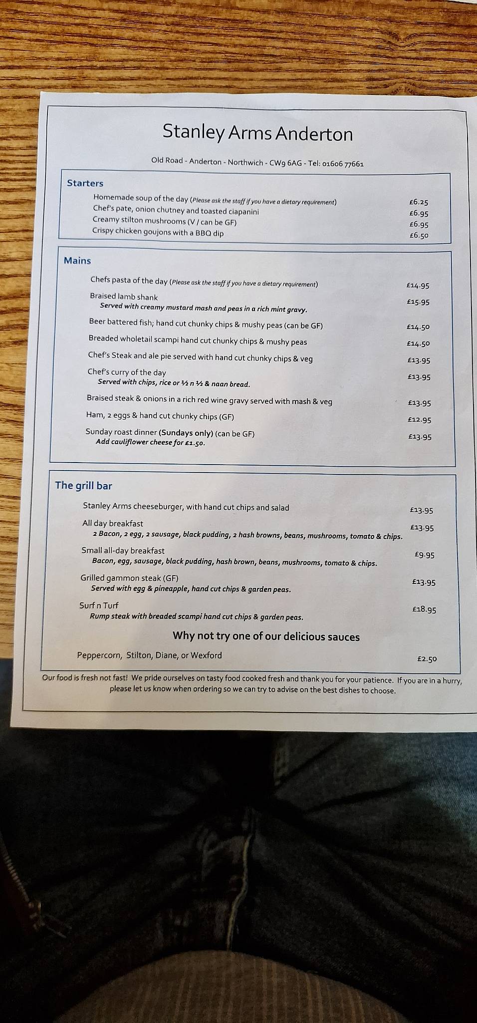 Menu at Stanley Arms Anderton pub & bar, Northwich