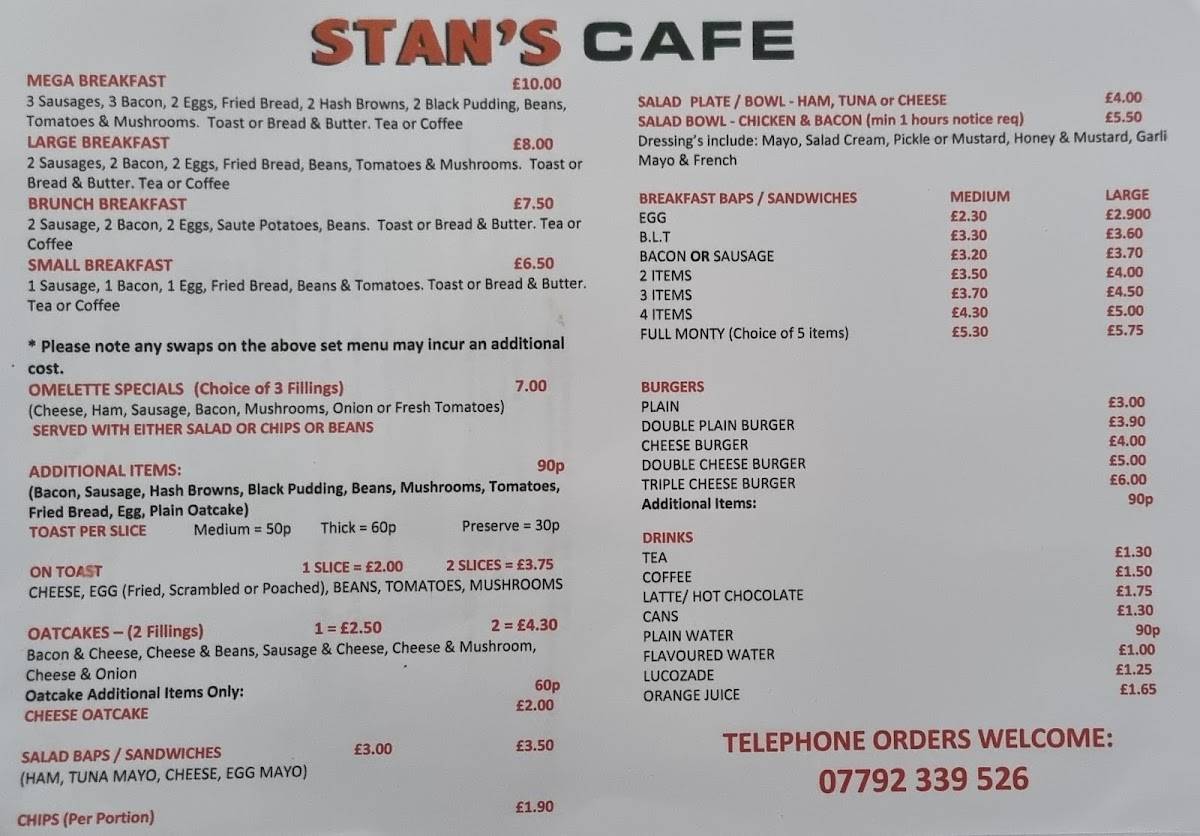 Menu at Stans Cafe, Uttoxeter