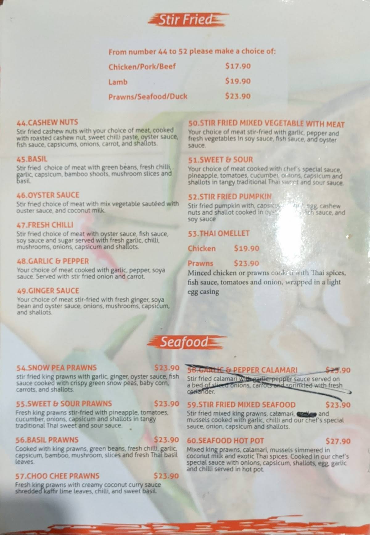 Menu at Orso Thai restaurant, Stanthorpe