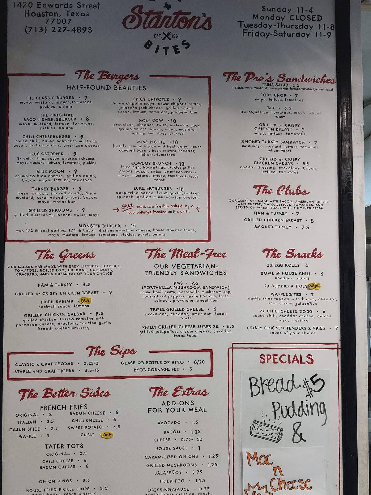 Menu at Stanton's City Bites restaurant, Houston