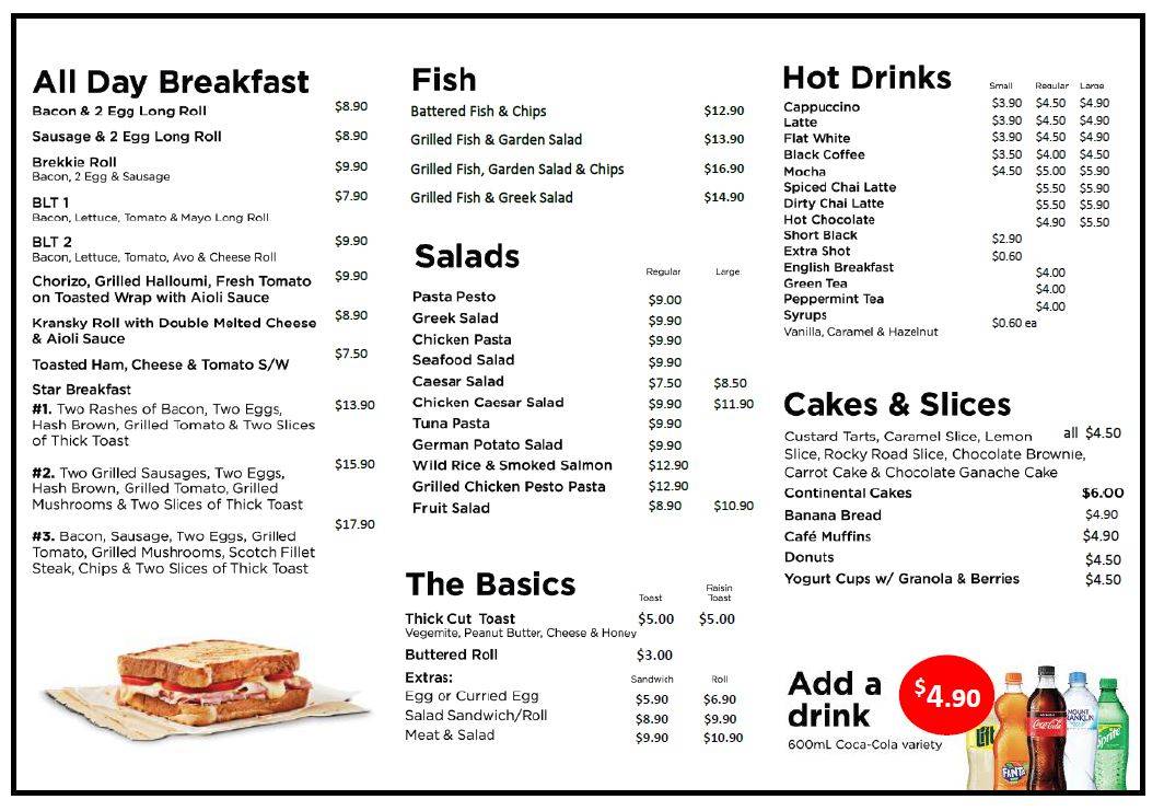 Menu at Star Burger fast food, Mount Kuring-gai
