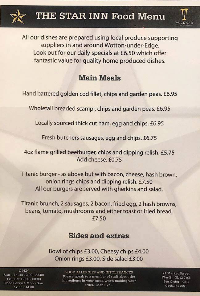 Menu at Star Inn pub & bar, Wotton-under-Edge