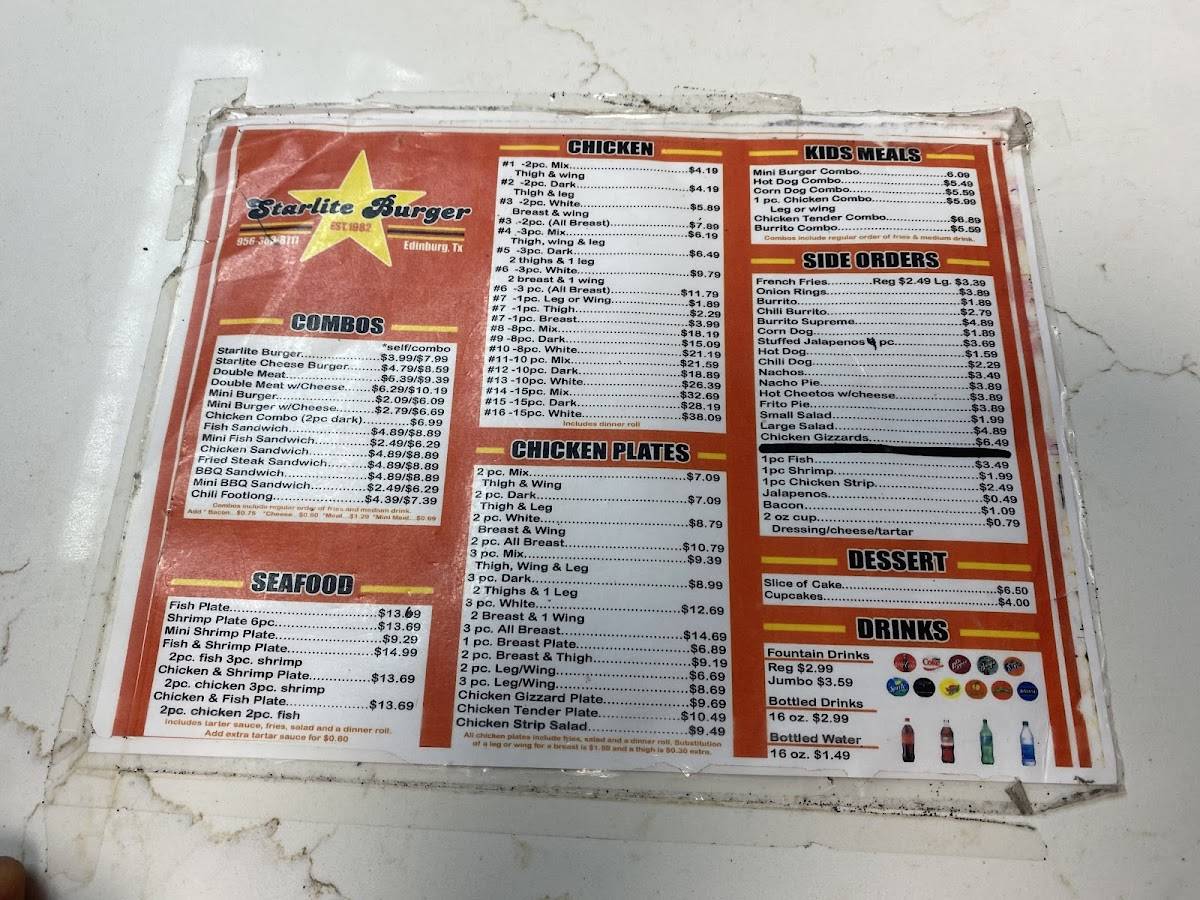 Menu at Starlite Burger restaurant, Edinburg, E University Dr