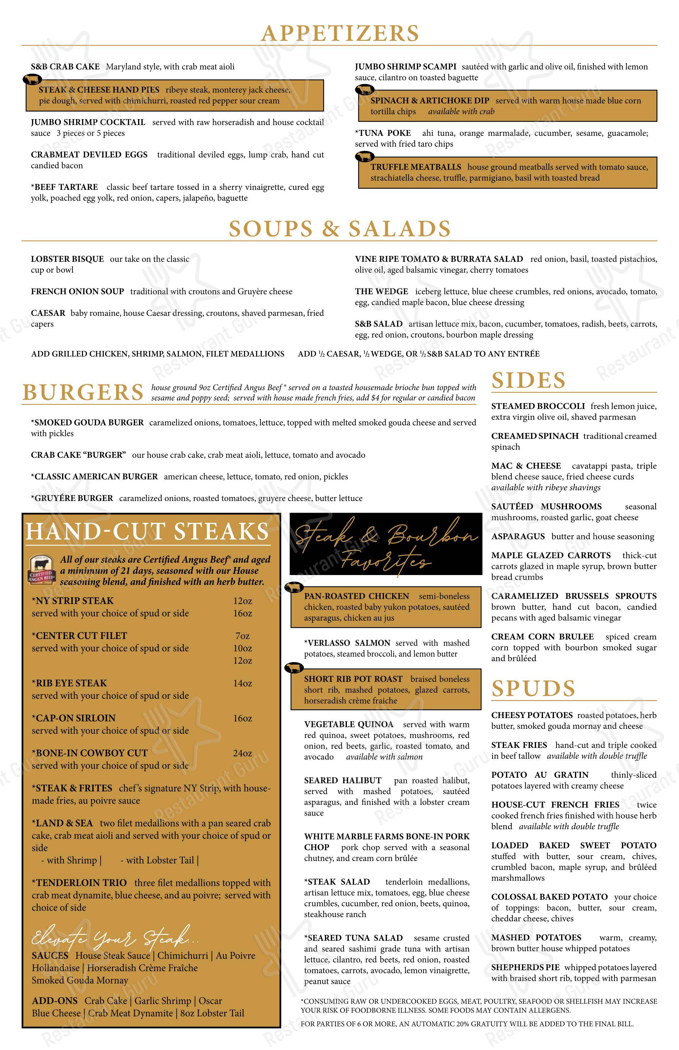 Menu at Steak & Bourbon pub & bar, Louisville