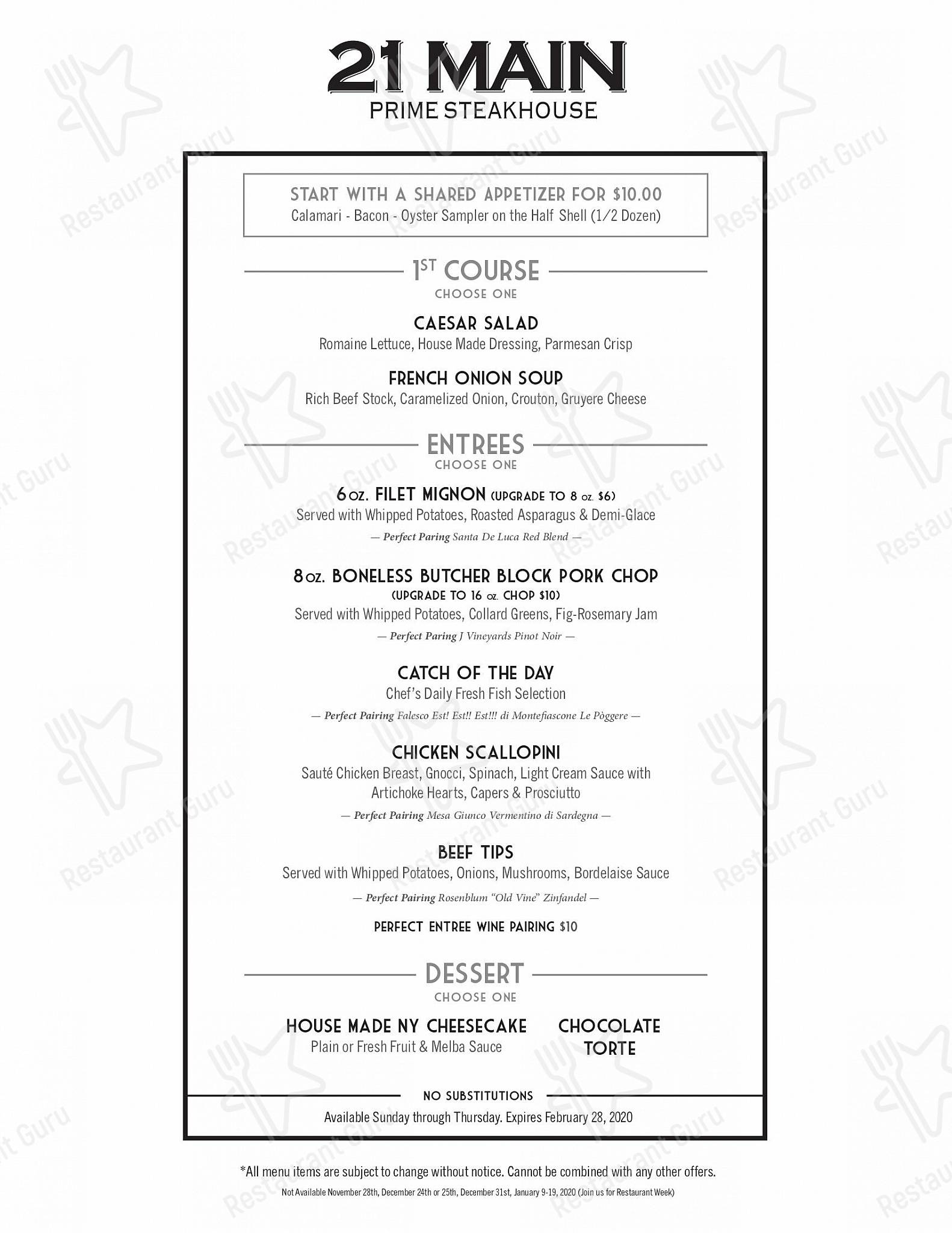 Menu at 21 Main At North Beach steakhouse, North Myrtle Beach