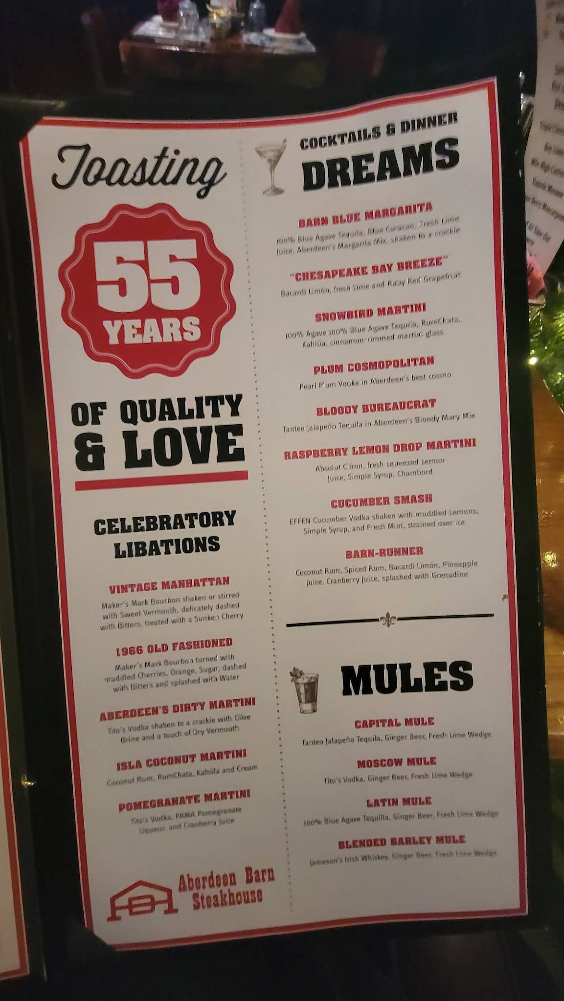 Menu at Aberdeen Barn Steakhouse, Virginia Beach