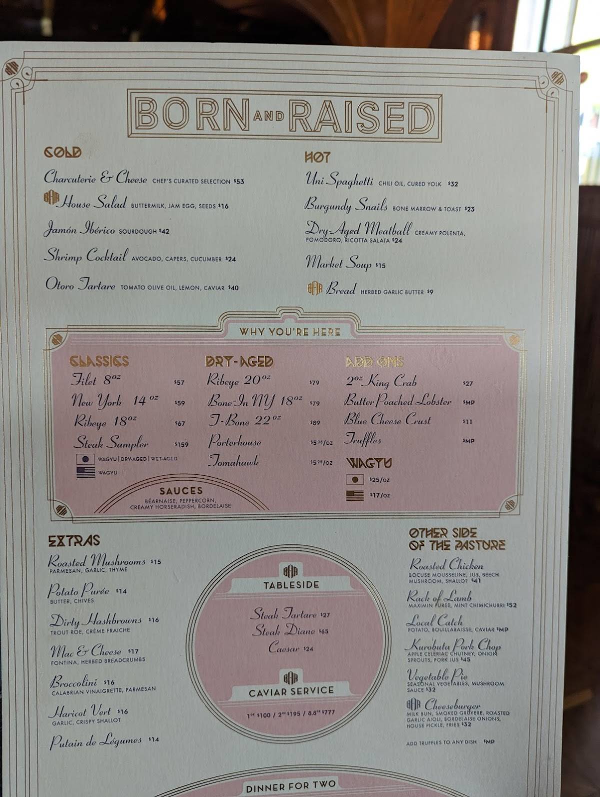 Menu at Born and Raised steakhouse, San Diego, India St