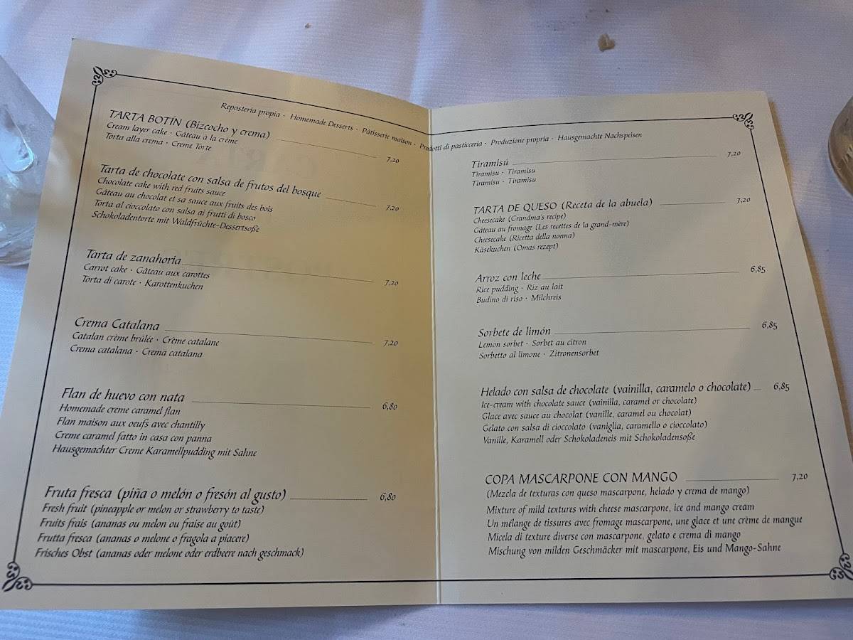 Menu at Botín steakhouse, Madrid, C. de Cuchilleros