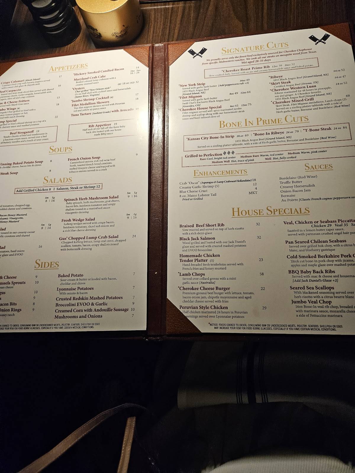 Menu at Cherokee Chophouse steakhouse, Marietta