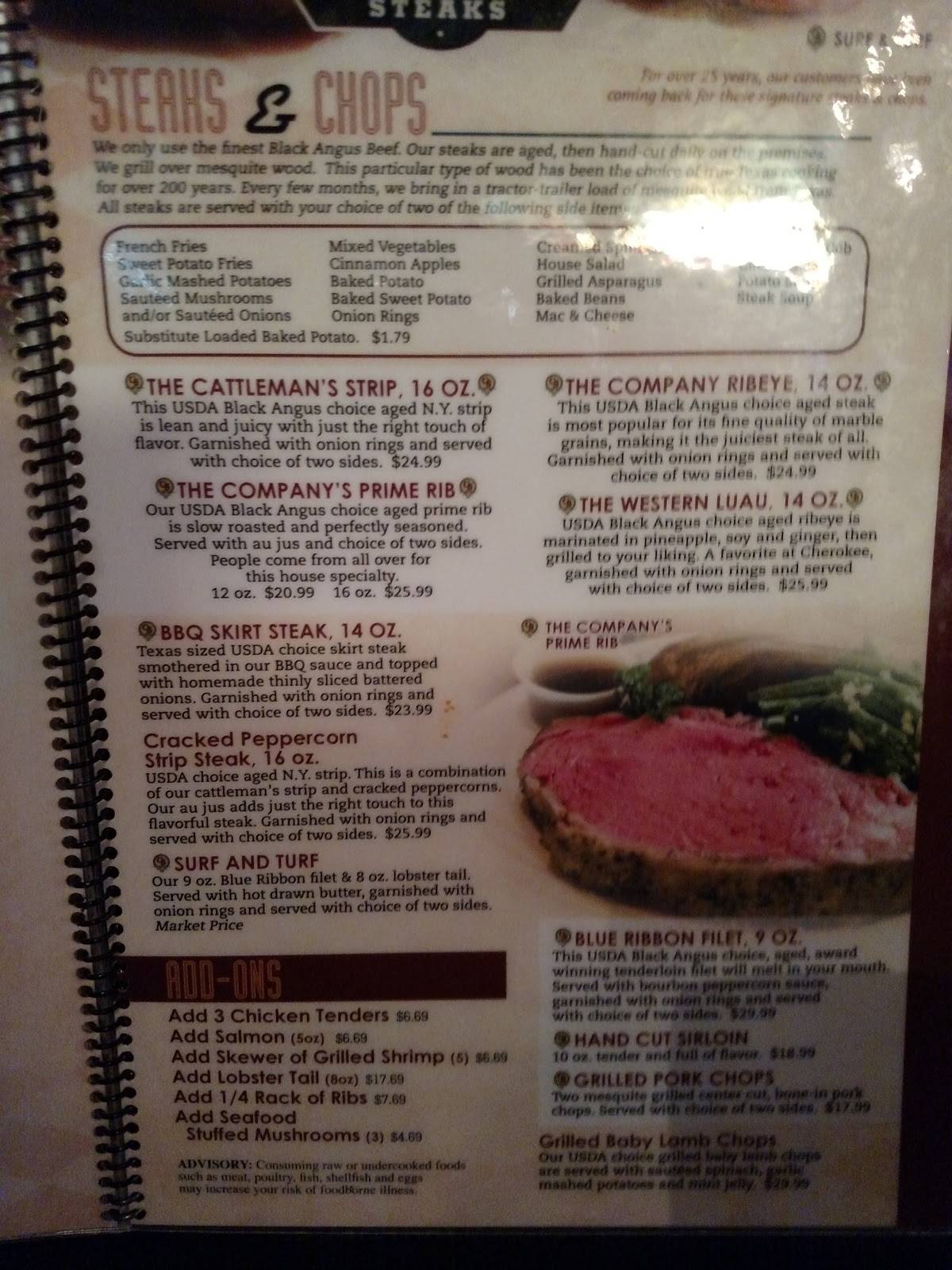 Menu at Cherokee Chophouse steakhouse, Marietta