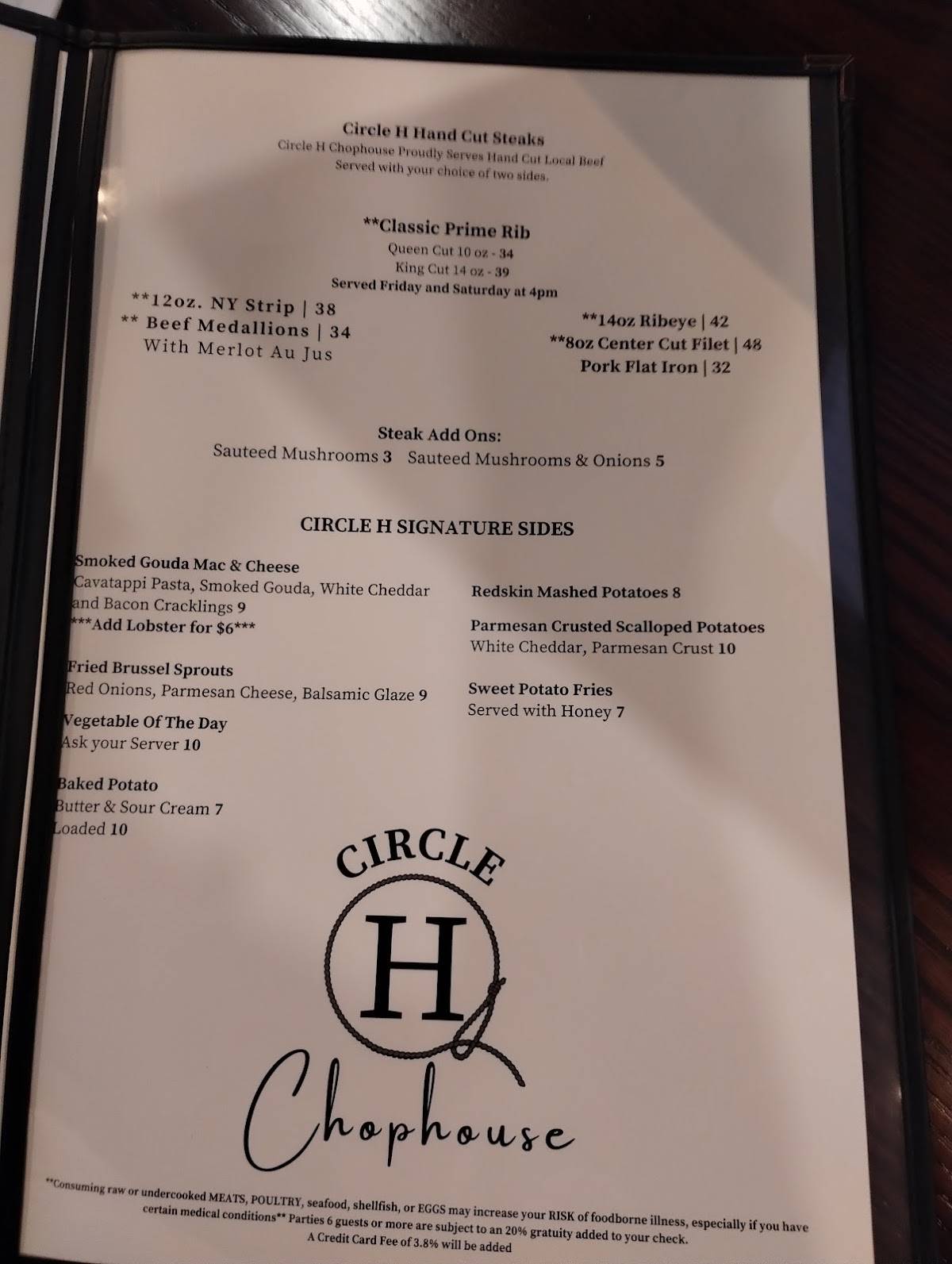 Menu at Circle H Chophouse pub & bar, Cherokee