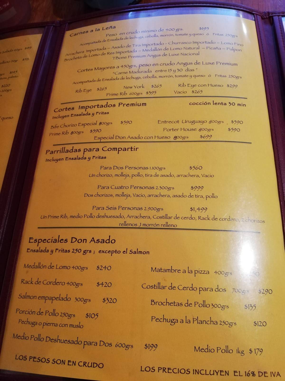 Carta de parrilla Don Asado Parroquia, Ciudad de México, Parroquia 906
